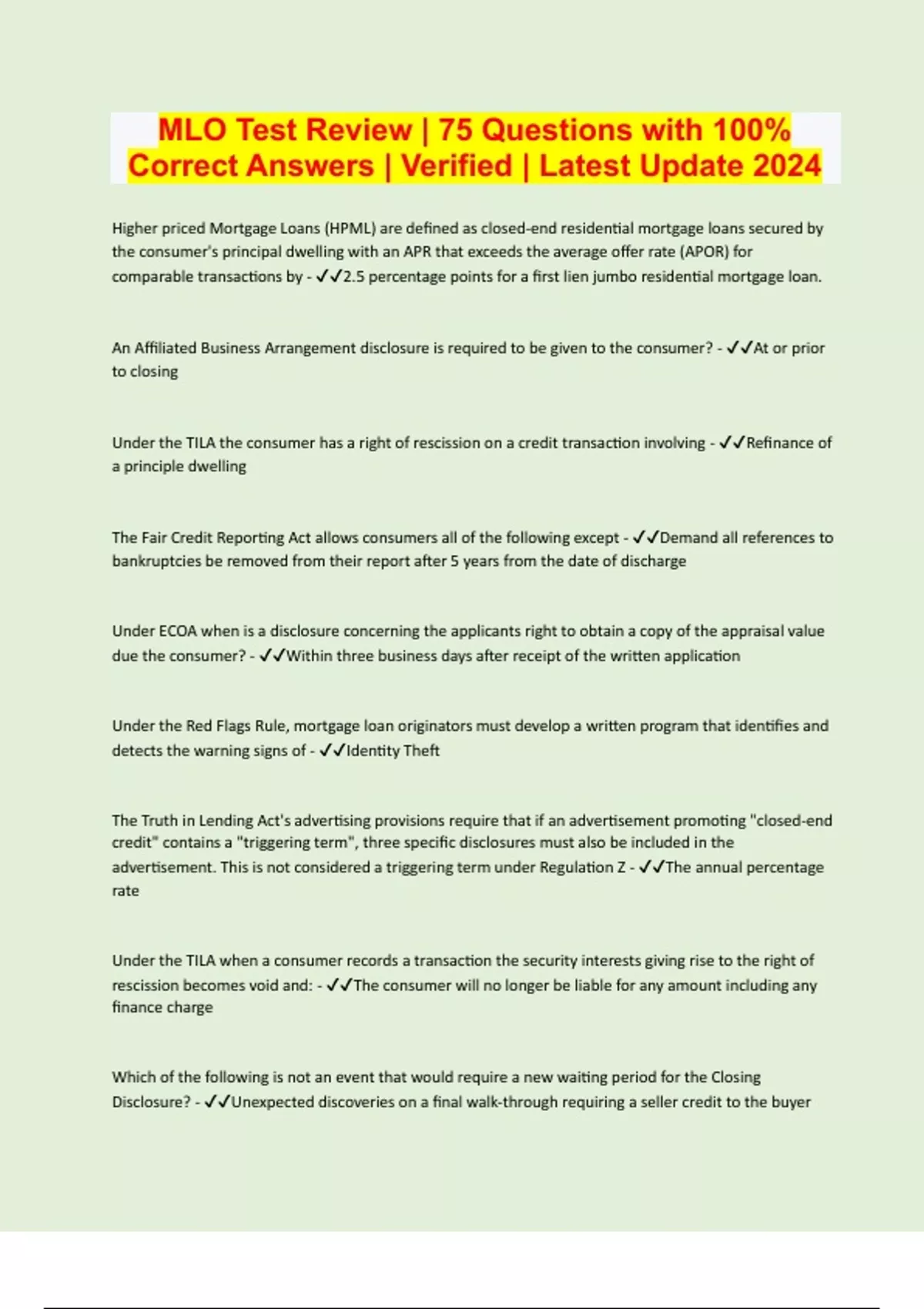 MLO Test Review | 75 Questions with 100% Correct Answers | Verified ...