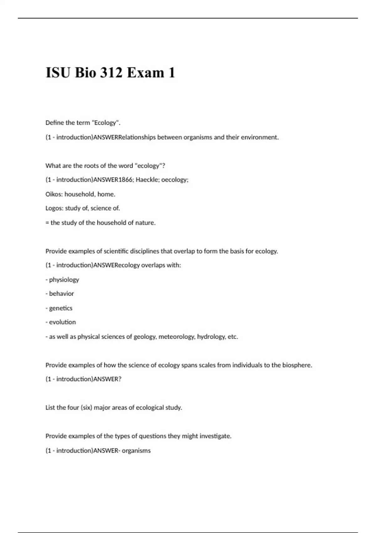 ISU Bio 312 Exam 1 Questions and answers 2023/2024 - ISU Bio 312 ...
