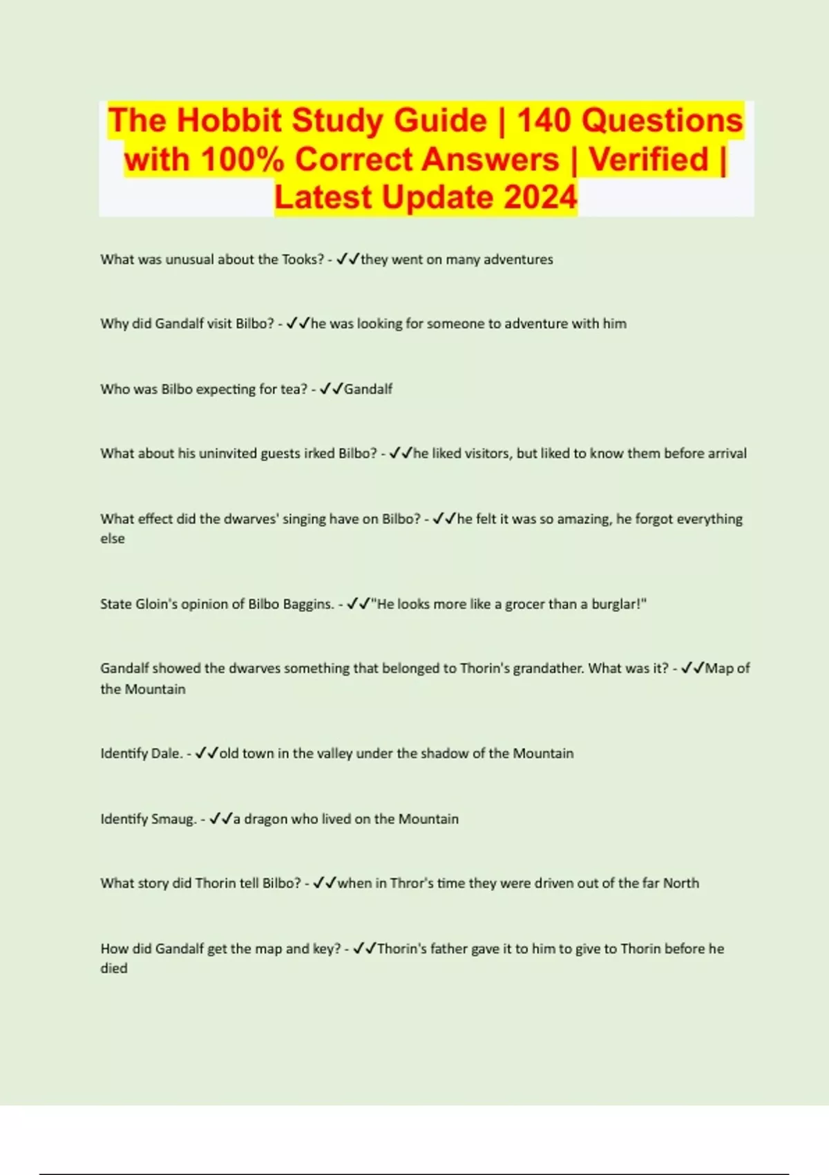 The Hobbit Study Guide | 140 Questions with 100% Correct Answers ...
