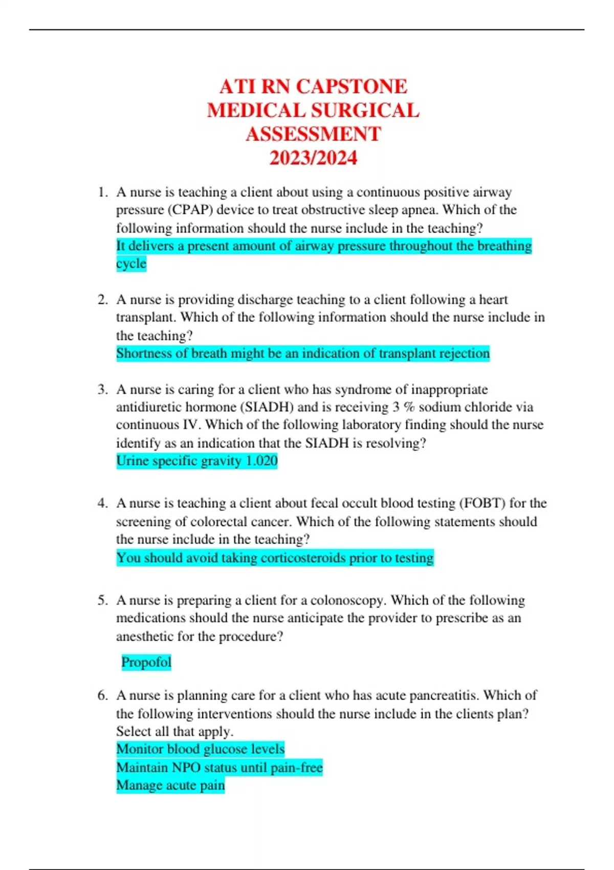 ATI RN CAPSTONE MEDICAL SURGICAL ASSESSMENT 2023/2024| (Latest update ...