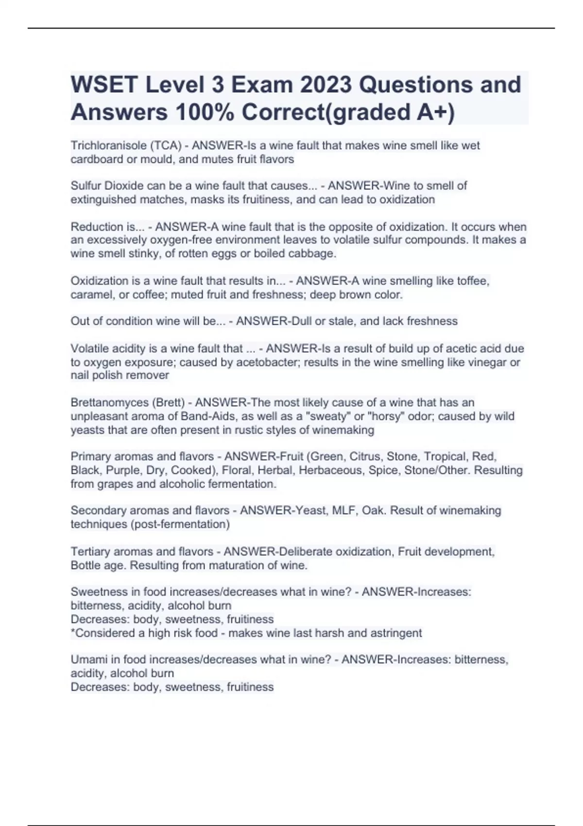 WSET Level 3 Exam 2023 Questions and Answers 100% Correct(graded A+) - WSET Level 3 - Stuvia US