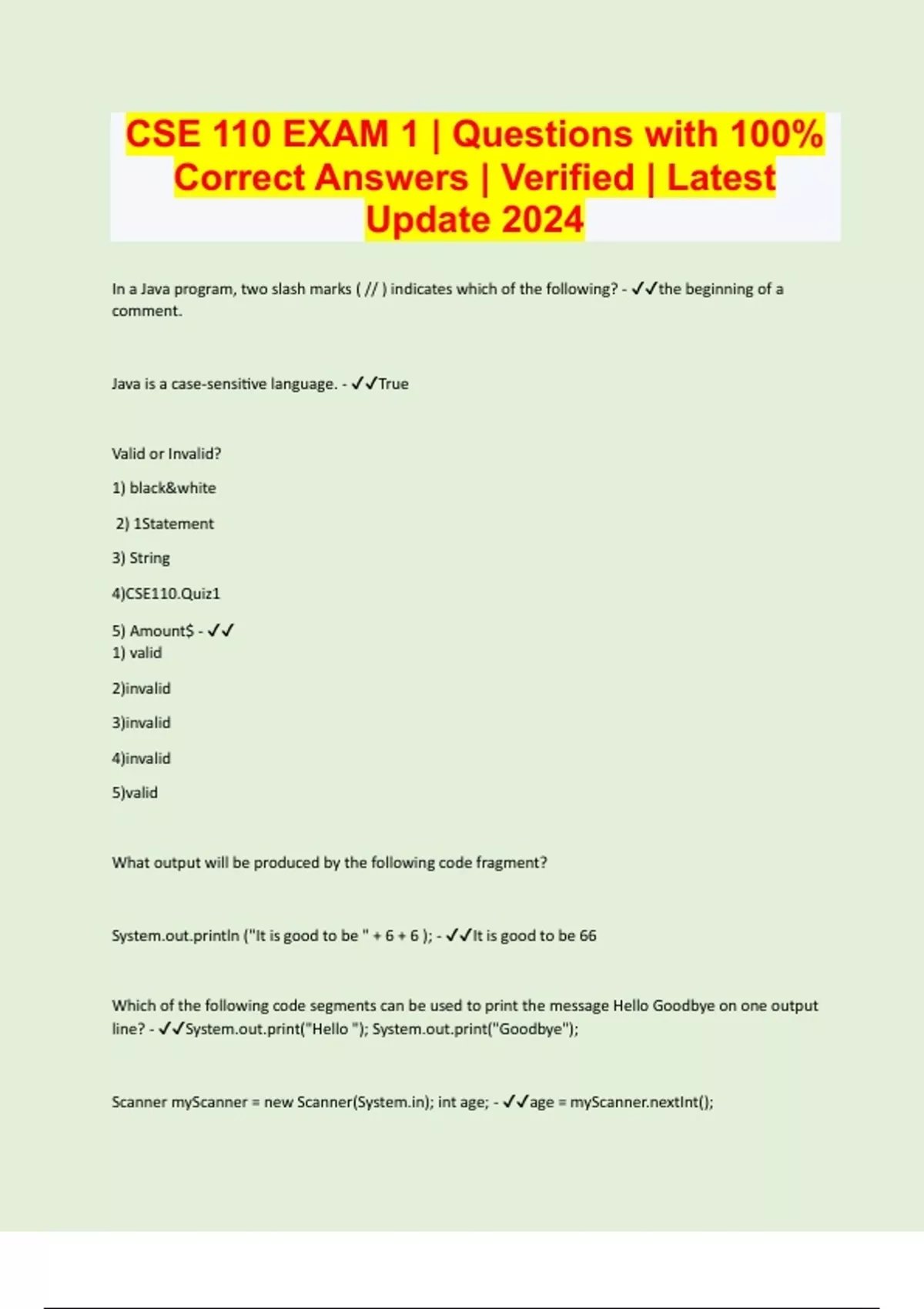 CSE 110 EXAM 1 | Questions with 100% Correct Answers | Verified ...