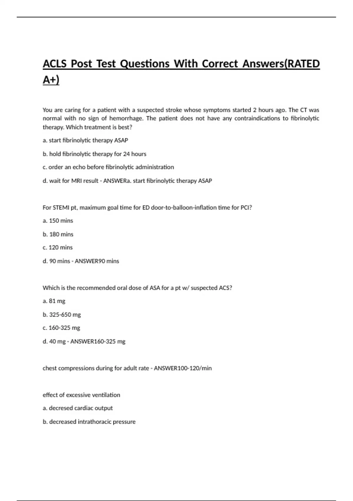 ACLS Post Test Questions With Correct Answers(RATED A+) - ACLS - Stuvia US