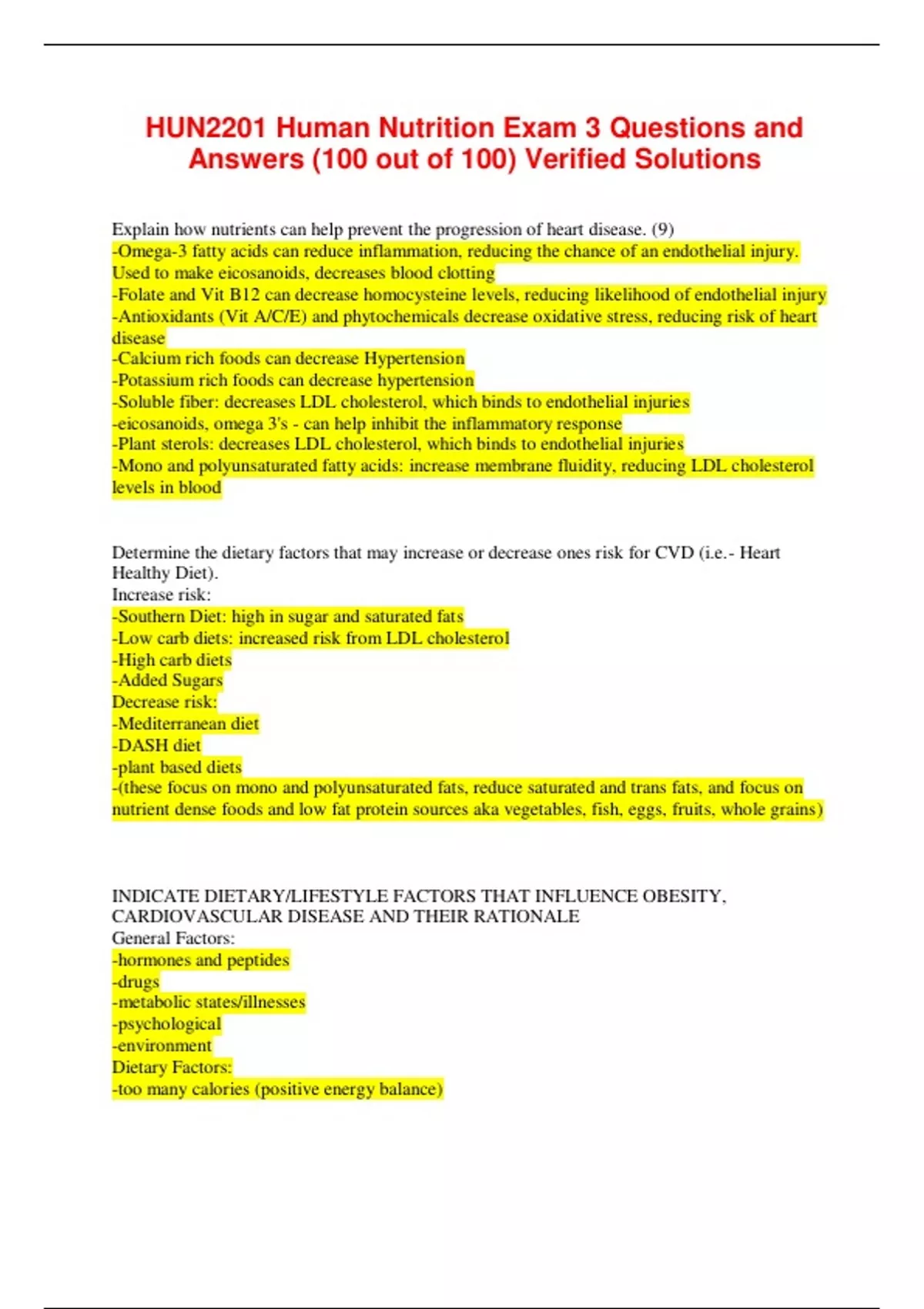 HUN2201 Human Nutrition Exam 3 Questions and Answers (100 out of 100 ...