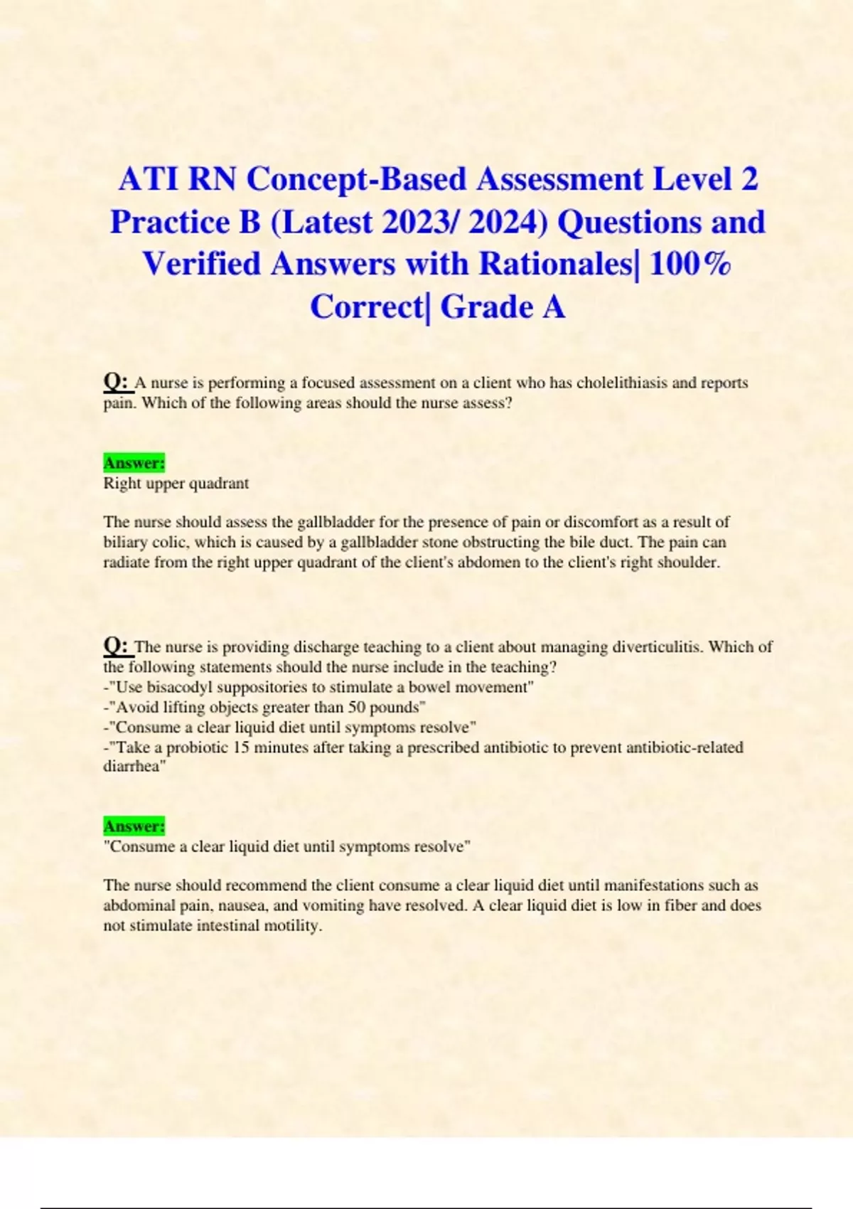 ATI RN Concept-Based Assessment Level 2 Practice B (Latest 2023/ 2024 ...