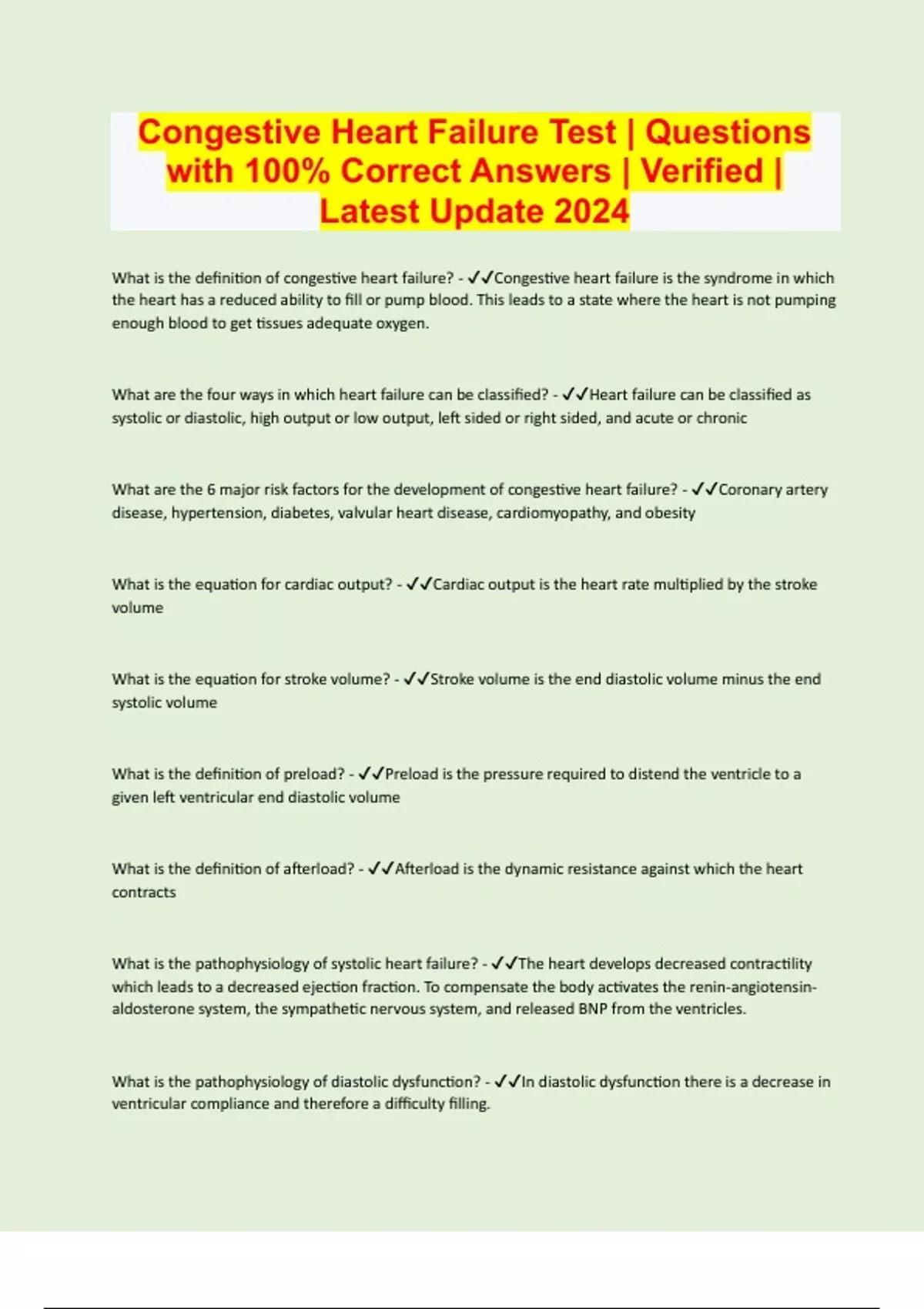 Congestive Heart Failure Test | Questions with 100% Correct Answers ...