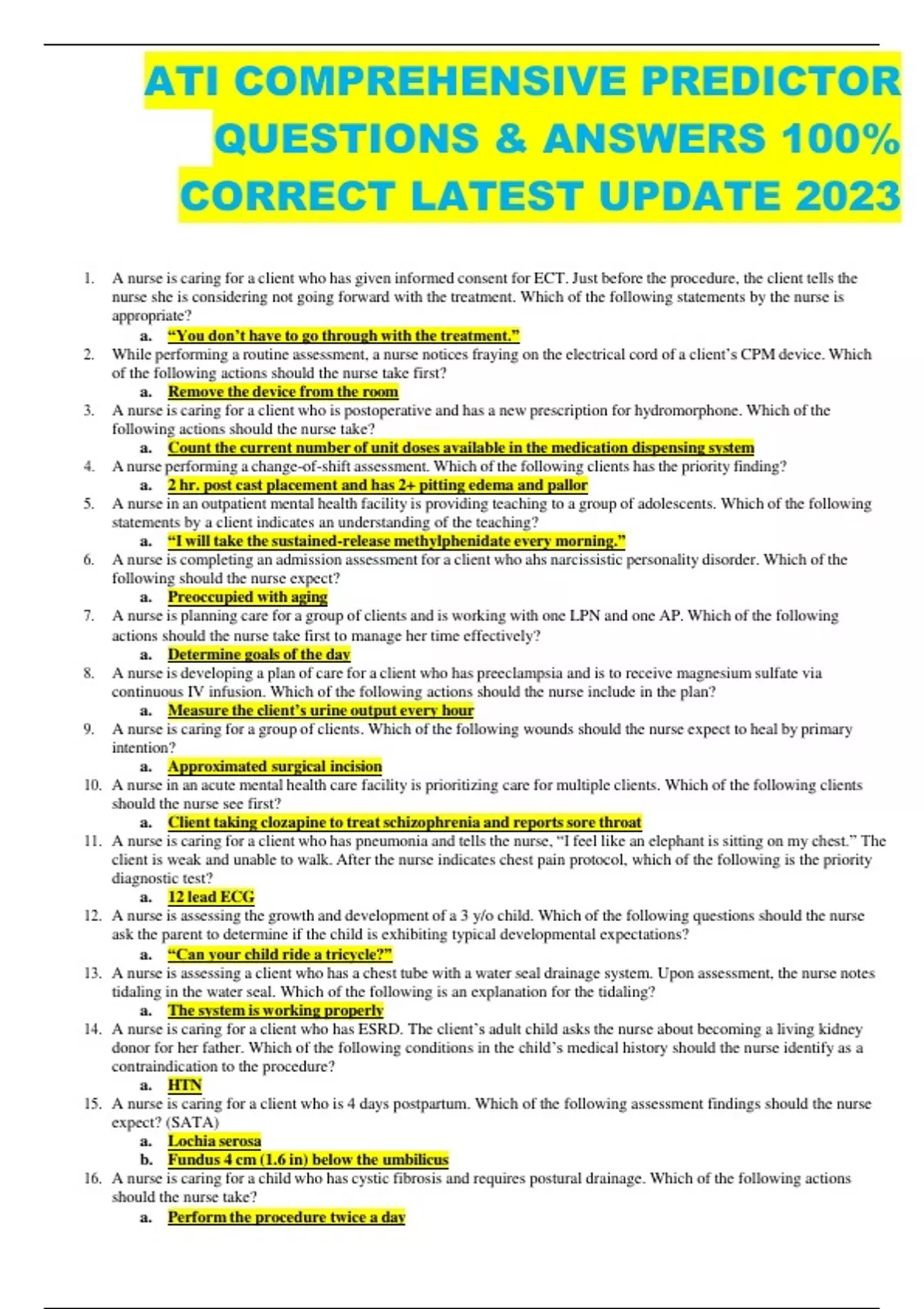 ATI COMPREHENSIVE PREDICTOR QUESTIONS & ANSWERS 100% CORRECT LATEST ...