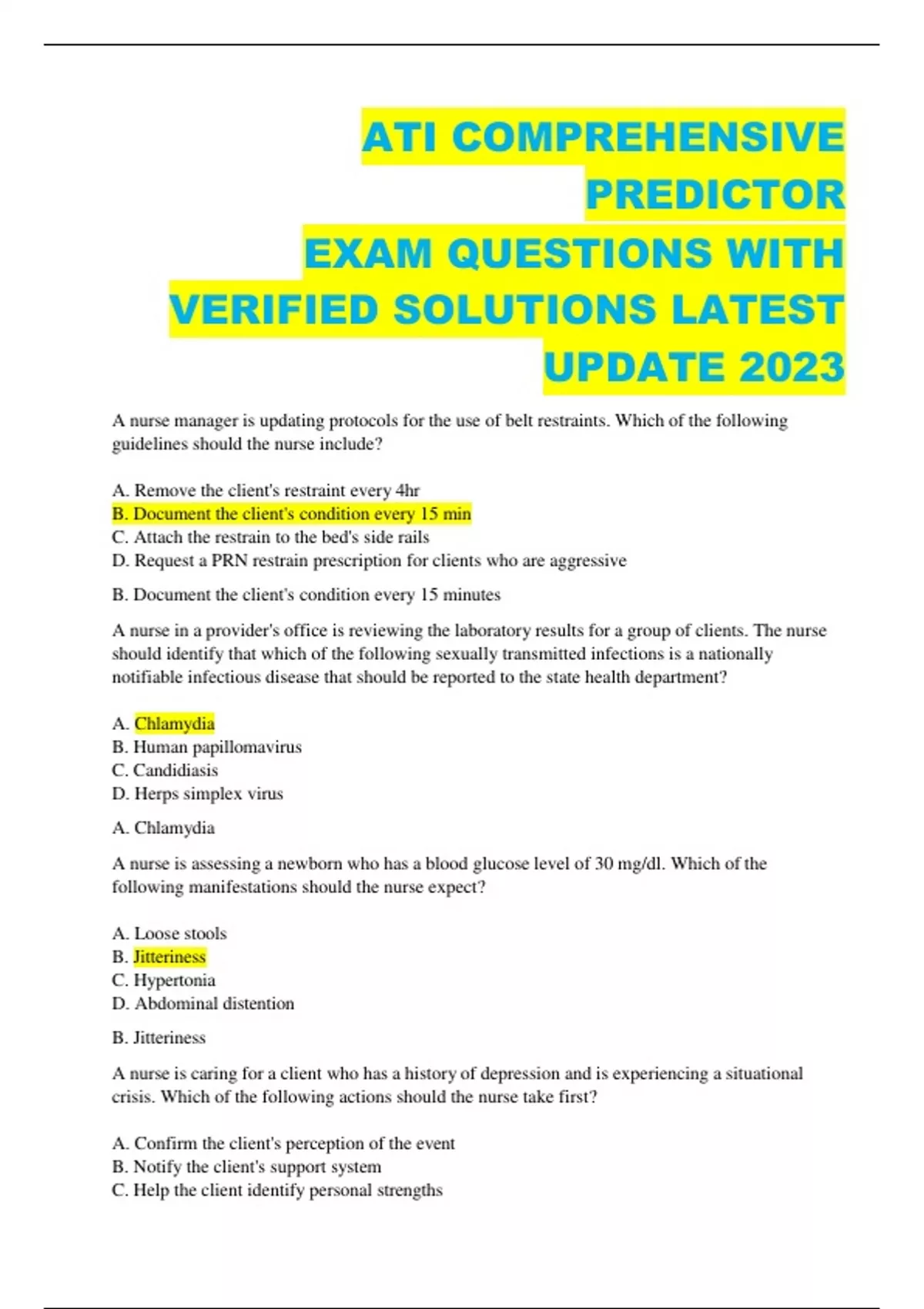 ATI COMPREHENSIVE PREDICTOR EXAM QUESTIONS WITH VERIFIED SOLUTIONS ...
