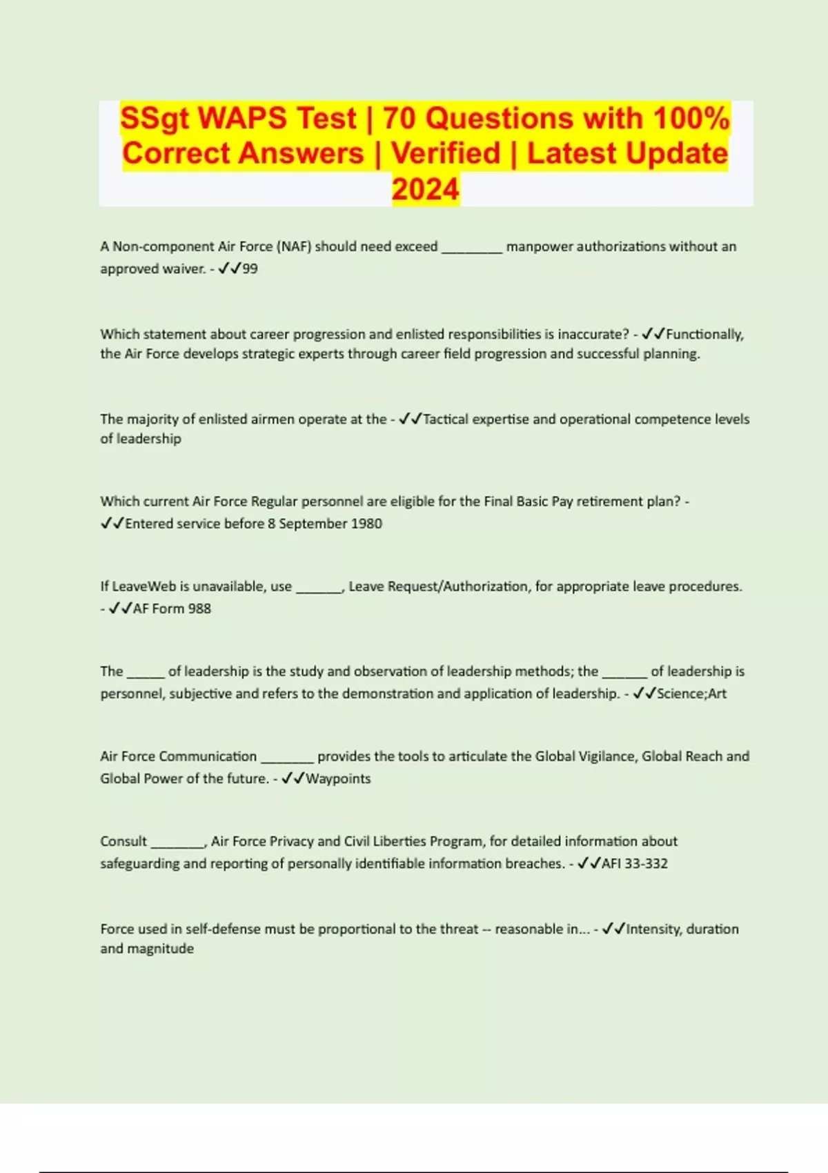 SSgt WAPS Test | 70 Questions with 100% Correct Answers | Verified ...