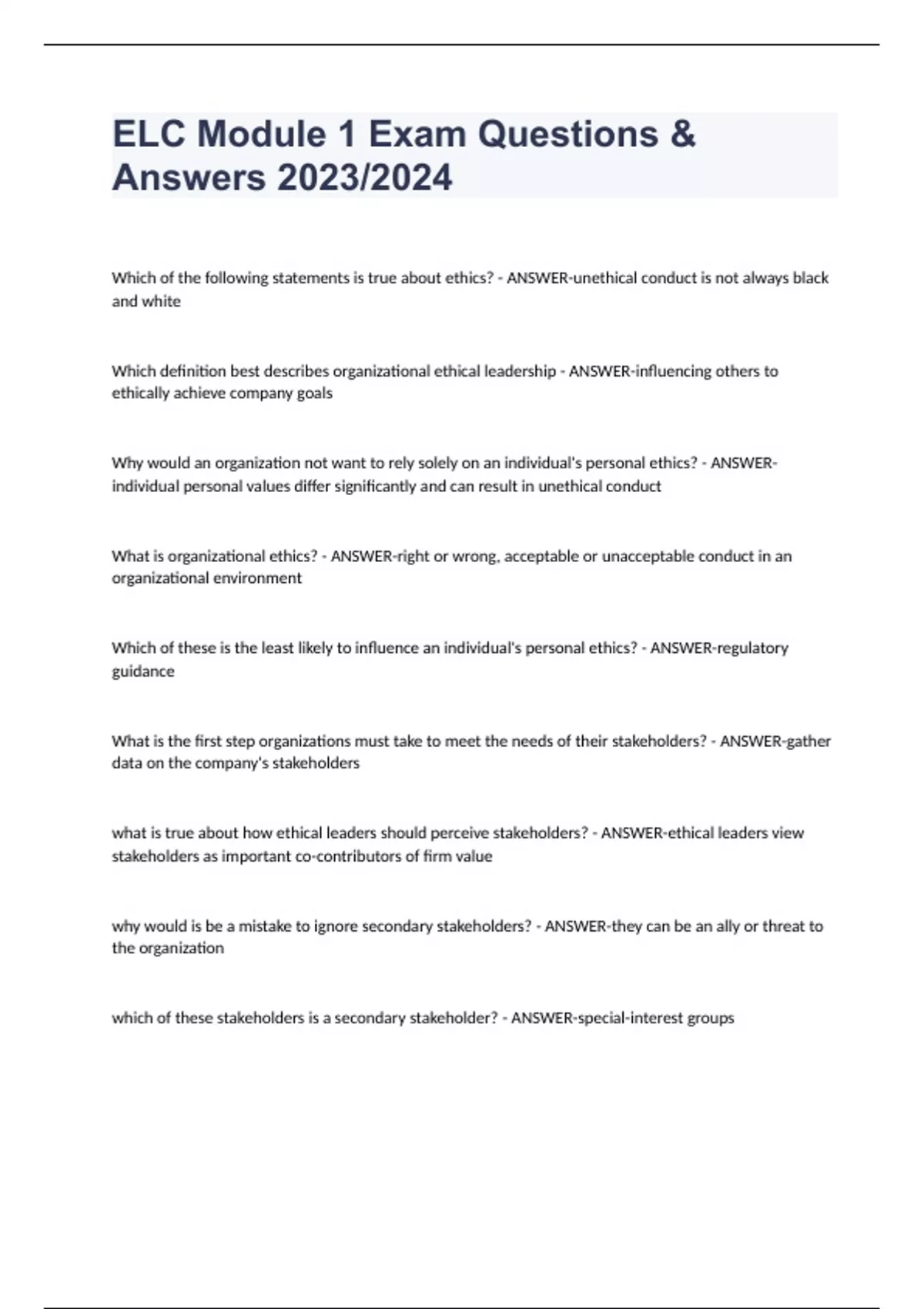 ELC Module 1 Exam Questions & Answers 2023/2024 - ELC Module 1 - Stuvia US