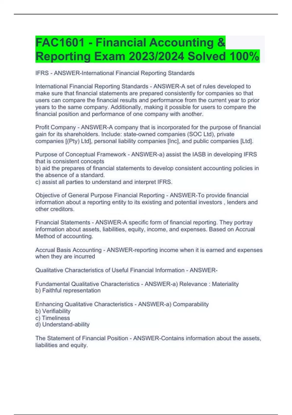 FAC1601 - Financial Accounting & Reporting Exam 2023/2024 Solved 100% ...