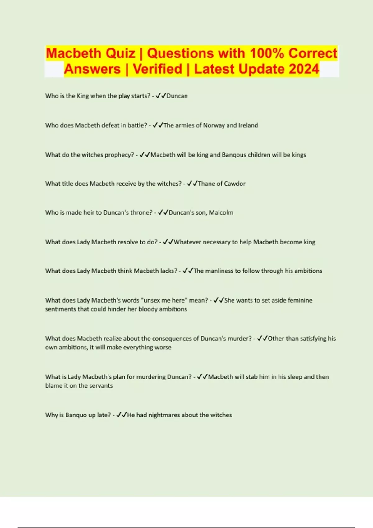 Macbeth Quiz | Questions with 100% Correct Answers | Verified | Latest ...