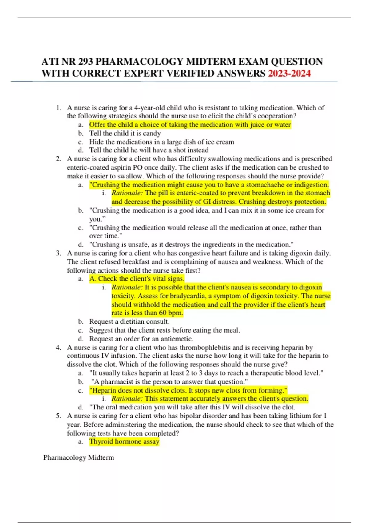 ATI NR 293 PHARMACOLOGY MIDTERM EXAM QUESTION WITH CORRECT EXPERT ...