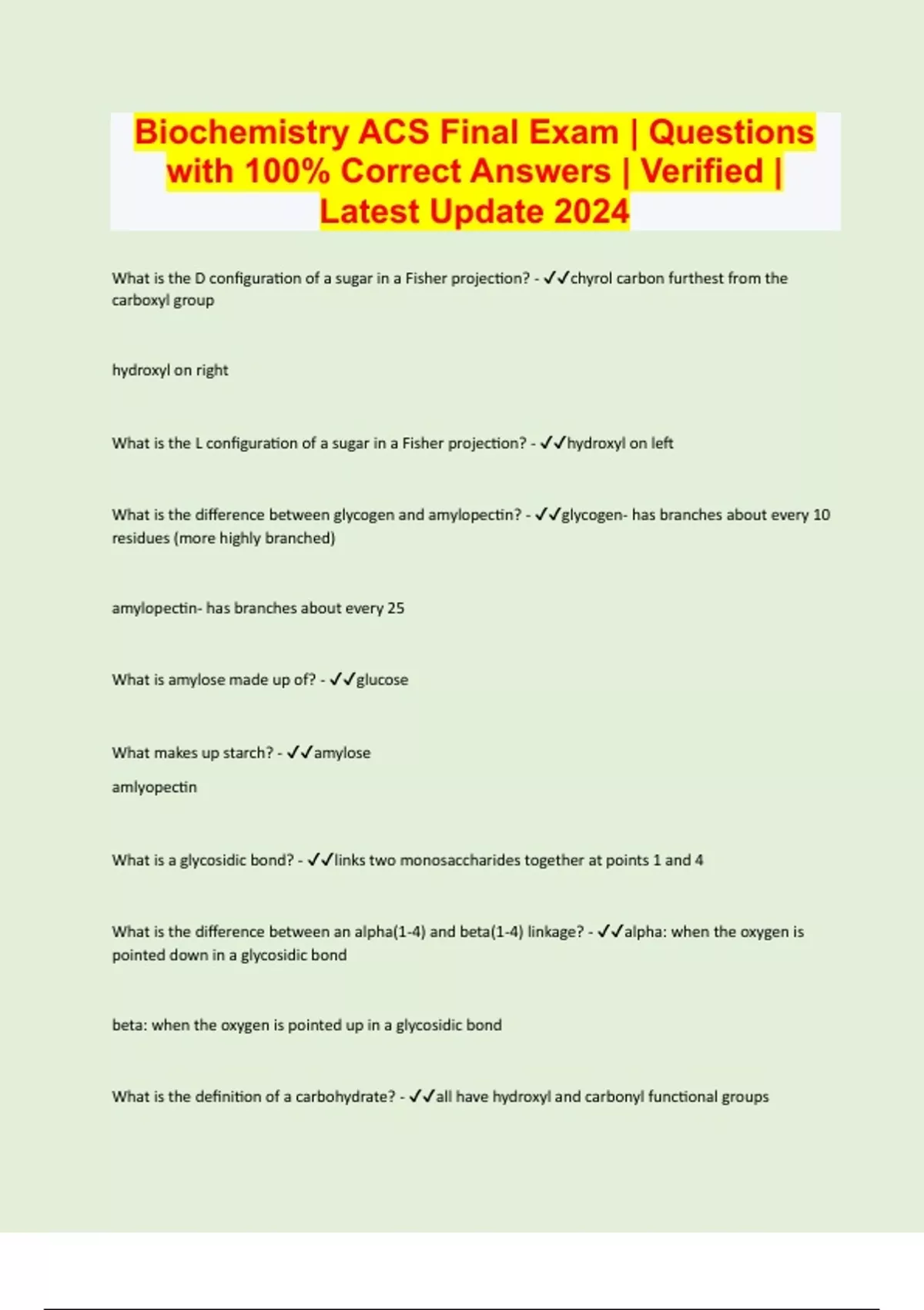 Biochemistry ACS Final Exam | Questions with 100% Correct Answers ...