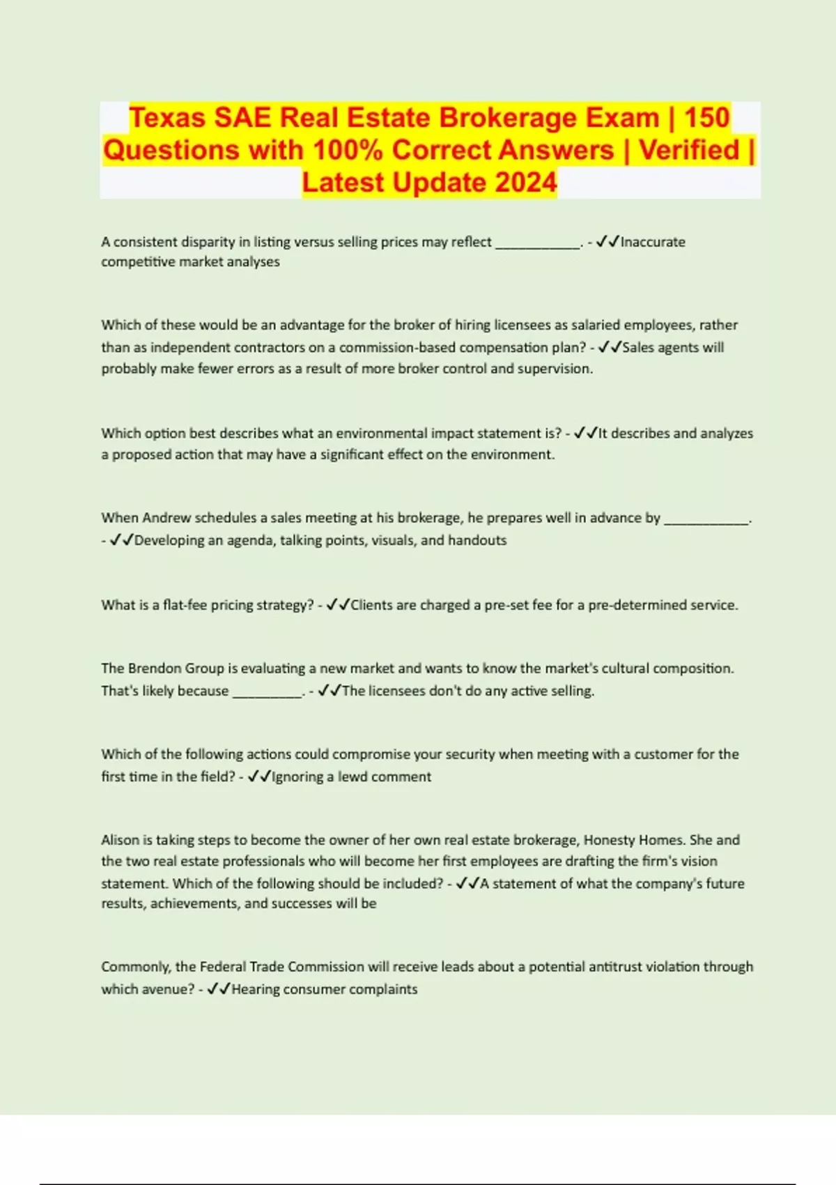 Texas SAE Real Estate Brokerage Exam | 150 Questions with 100% Correct ...