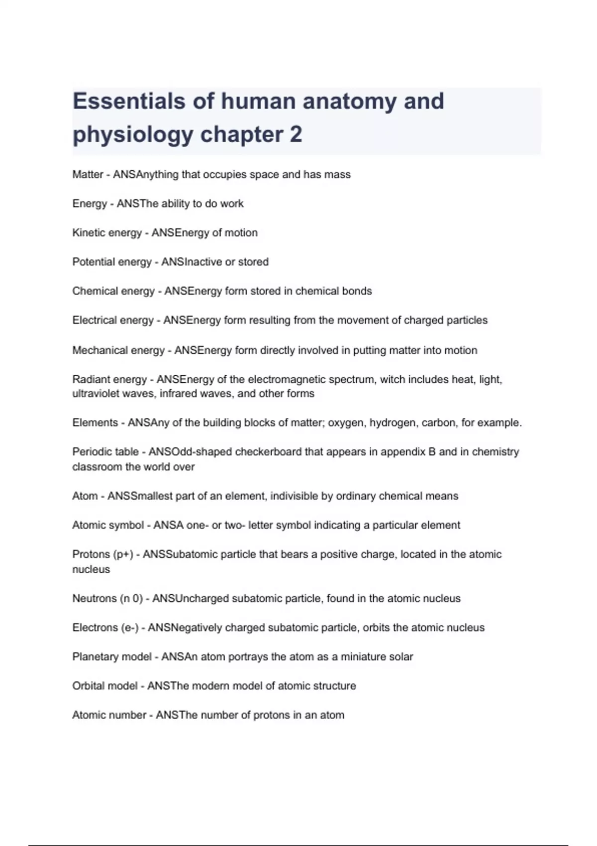 Essentials of human anatomy and physiology chapter 2 already graded A+ ...