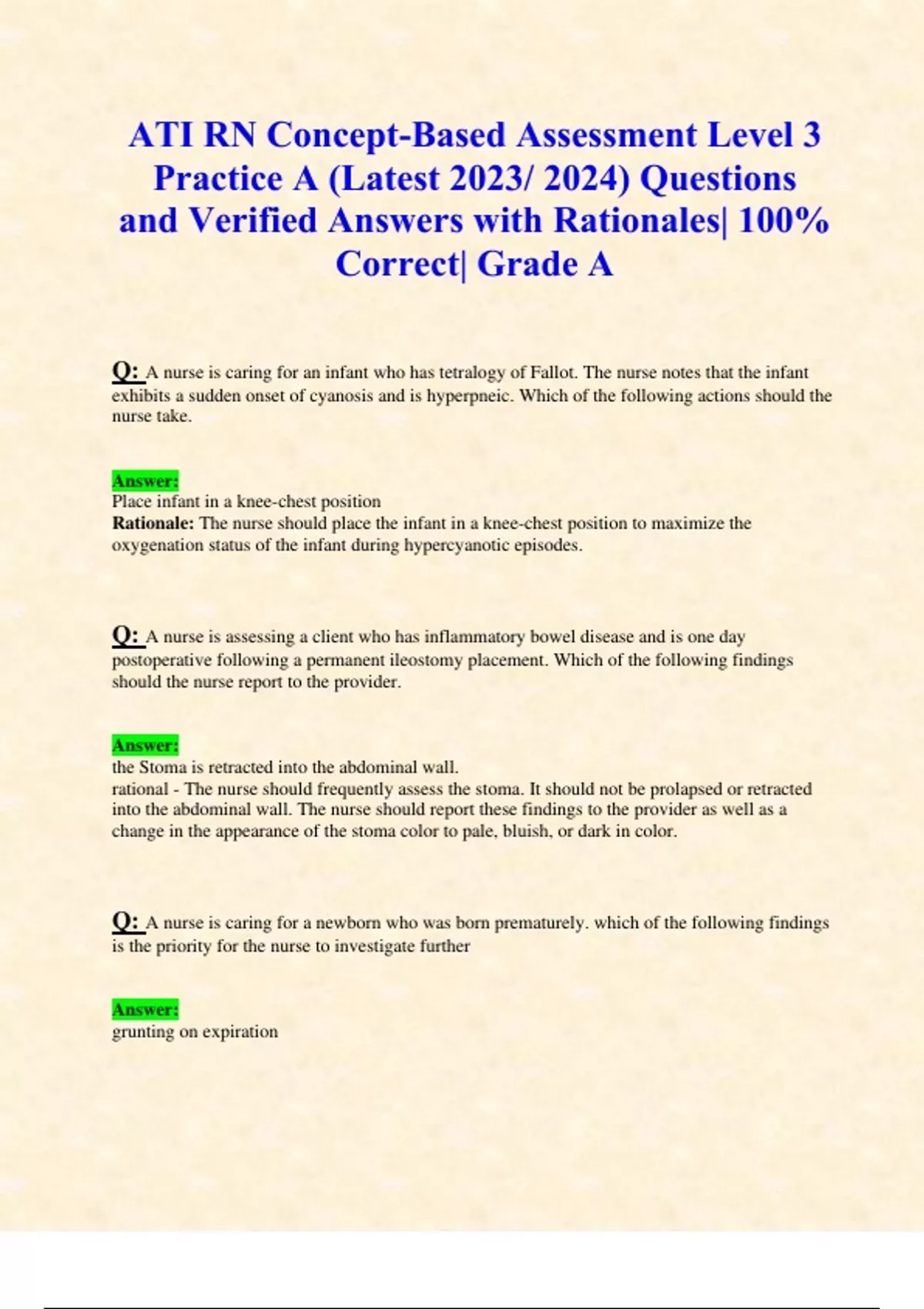 ATI RN Concept-Based Assessment Level 3 Exams (Latest 2023/ 2024 ...