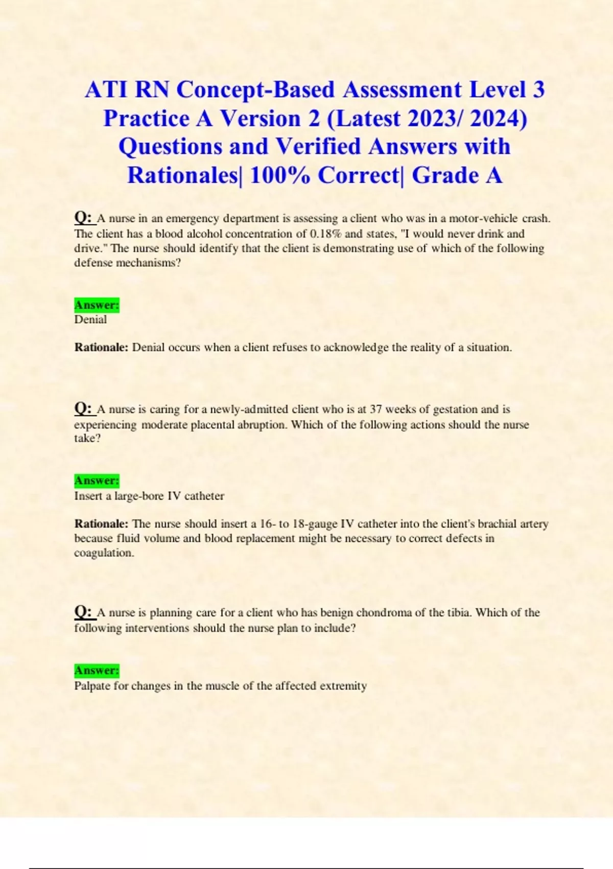 ATI RN Concept-Based Assessment Level 3 Practice A Version 2 (Latest ...