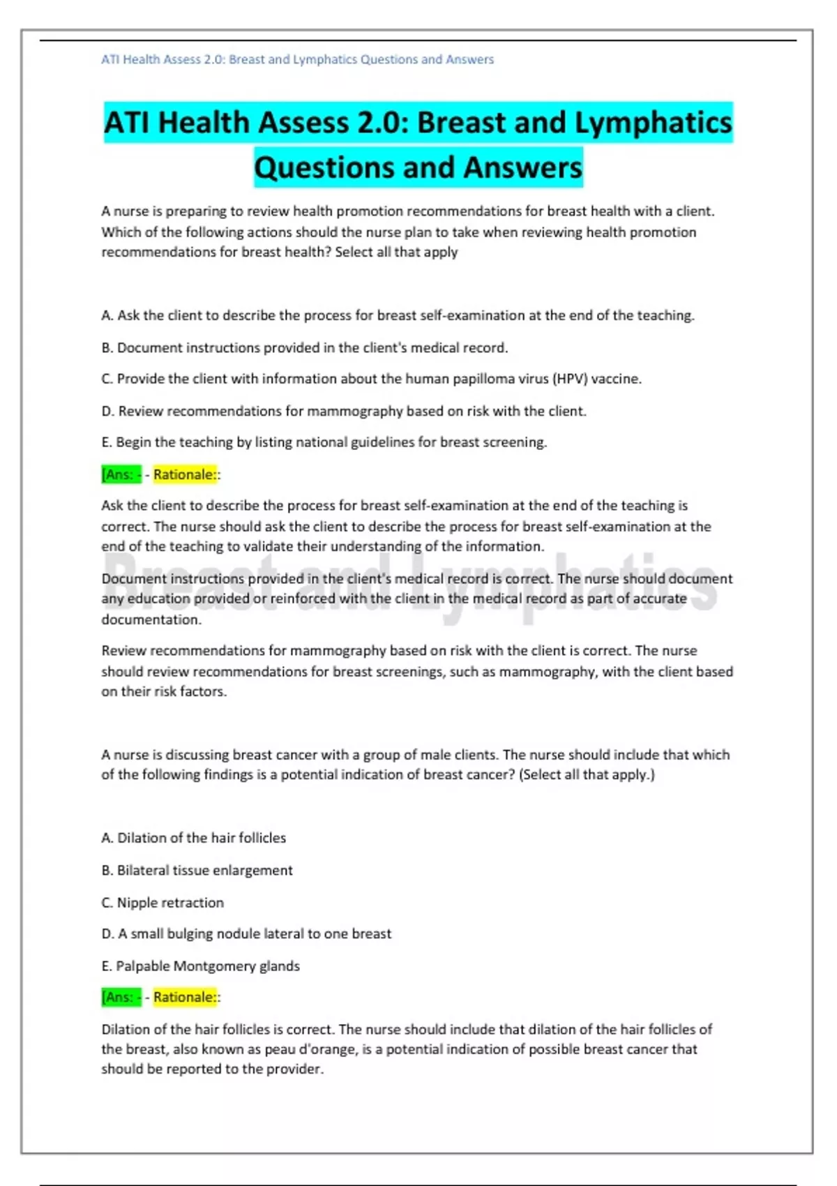 ATI Health Assess 2.0: Breast and Lymphatics Questions and Answers ...