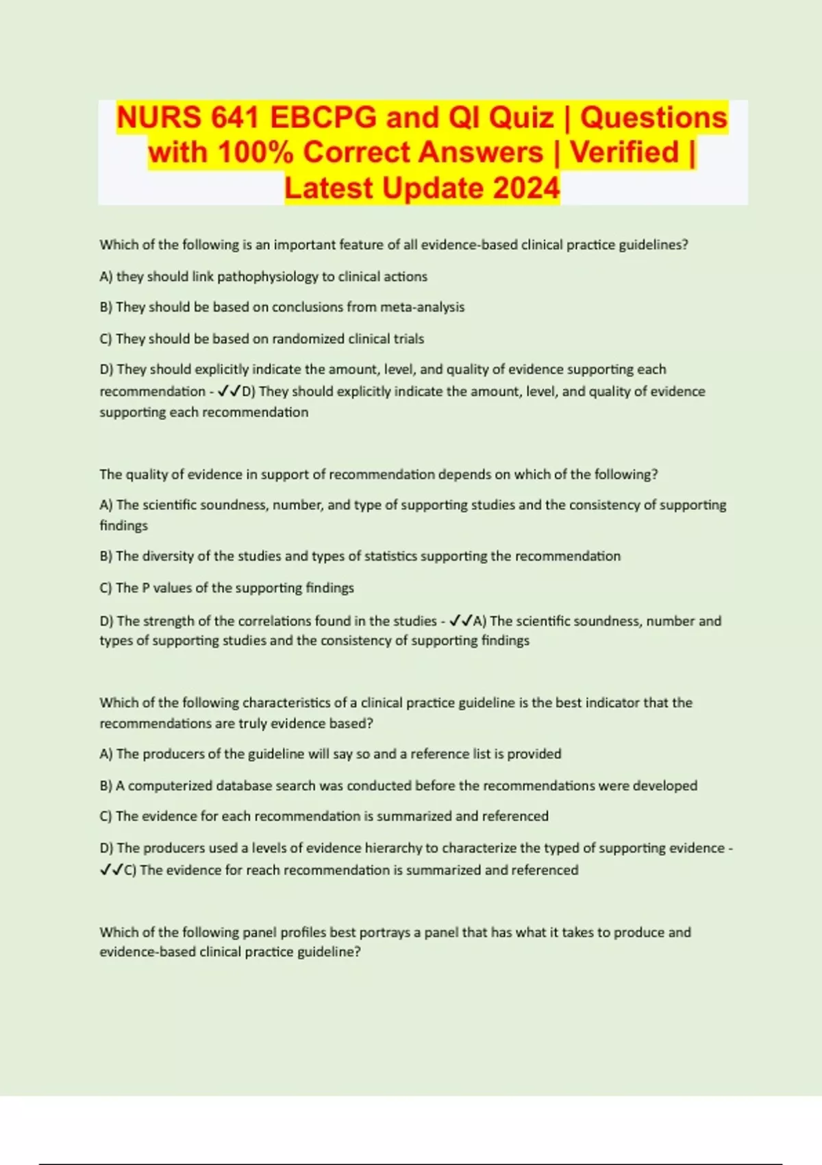 NURS 641 EBCPG and QI Quiz | Questions with 100% Correct Answers ...