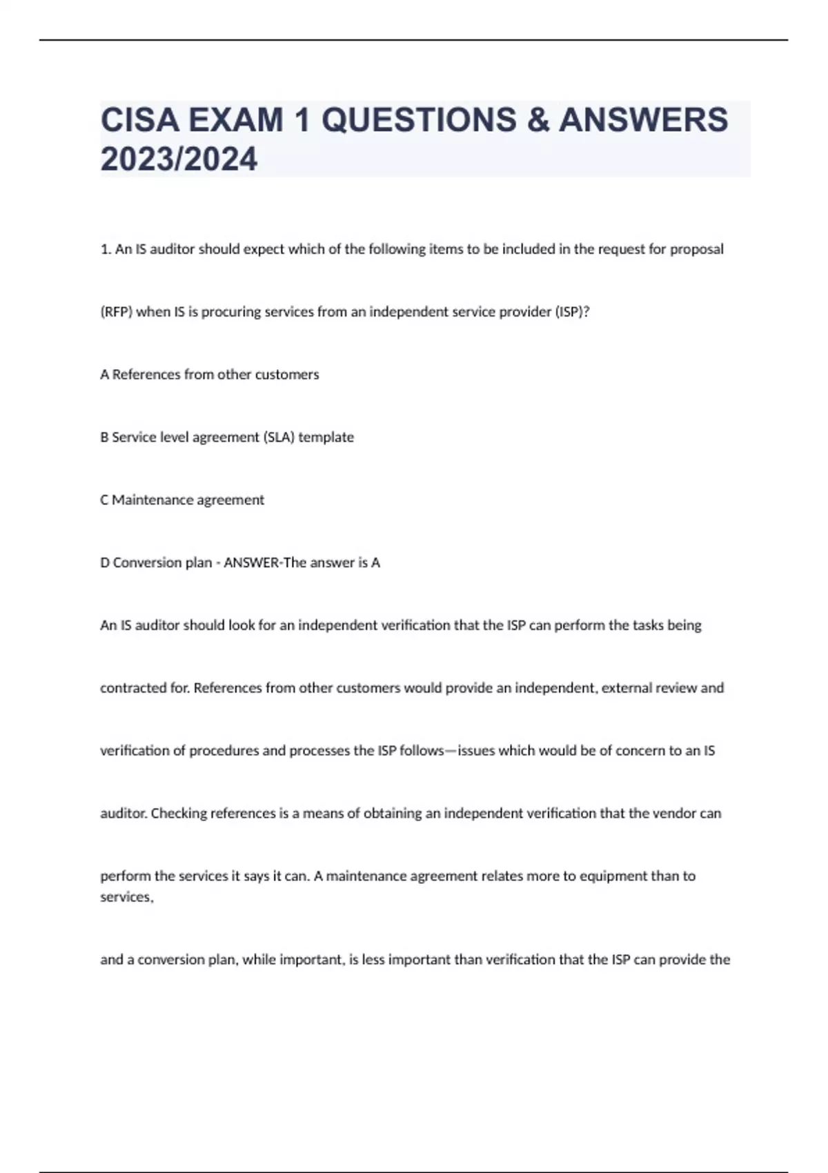 CISA EXAM 1 QUESTIONS & ANSWERS 2023/2024 - CISA - Stuvia US