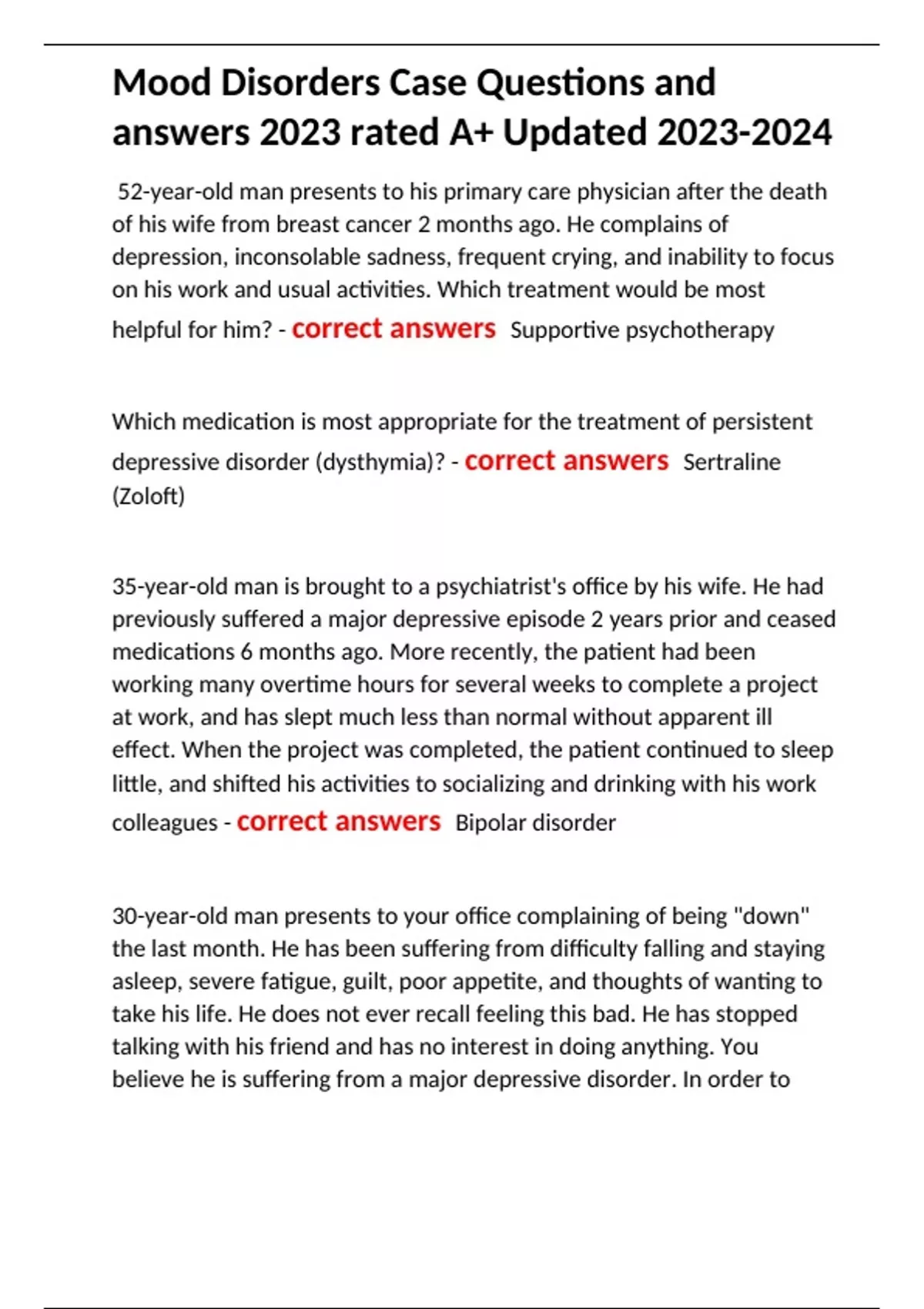 Mood Disorders Case Questions and answers 2023 rated A+ Updated - Mood ...
