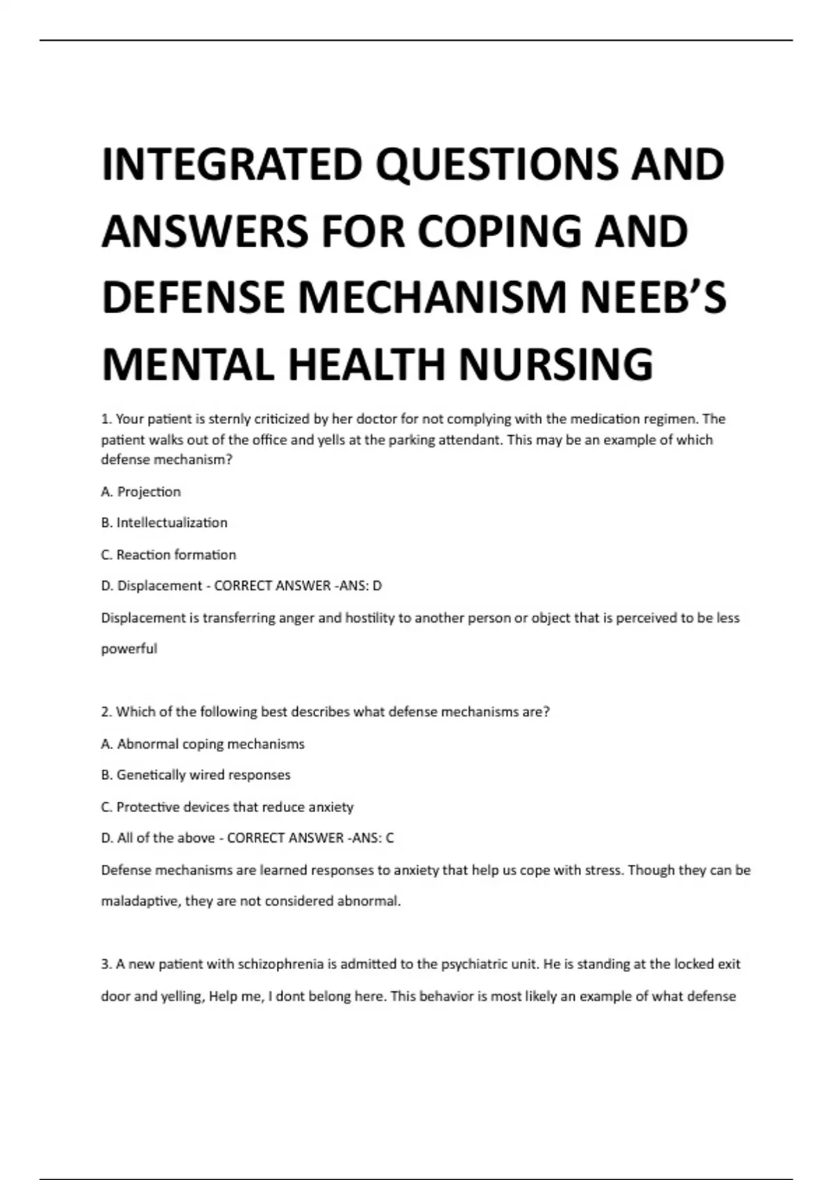 INTEGRATED QUESTIONS AND ANSWERS FOR COPING AND DEFENSE MECHANISM NEEB ...