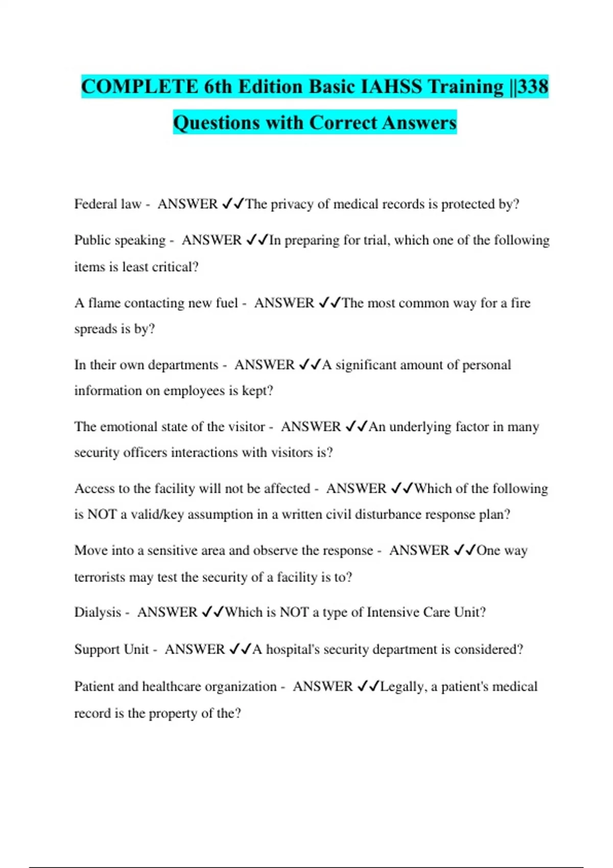 COMPLETE 6th Edition Basic IAHSS Training ||338 Questions with Correct ...