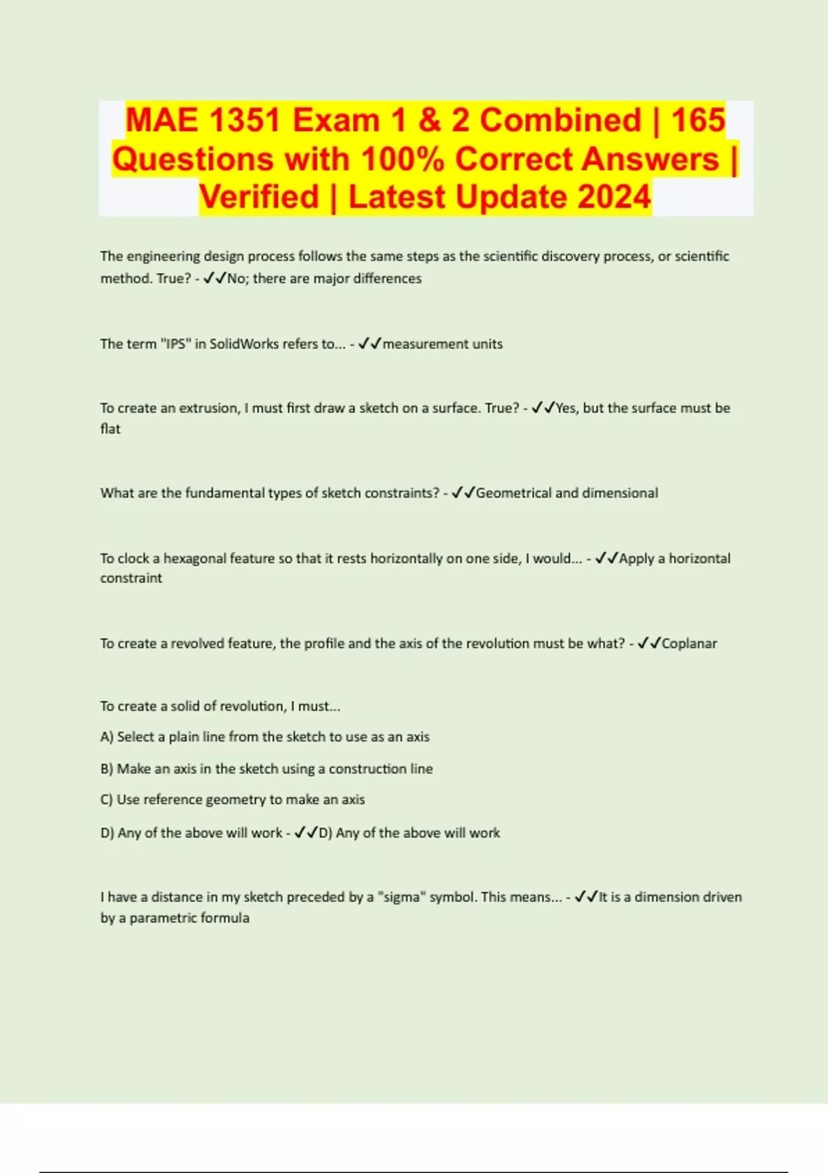 MAE 1351 Exam 1 & 2 Combined | 165 Questions with 100% Correct Answers ...