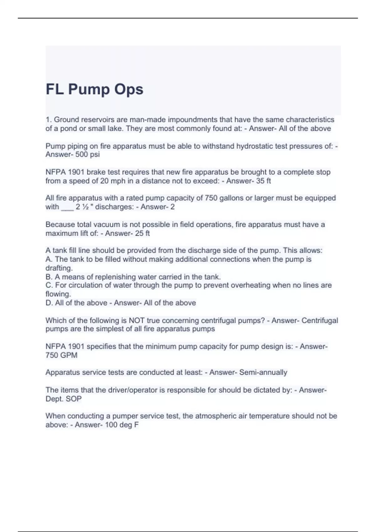 FL Pump Ops Exam with complete solutions - Pump Operator - Stuvia US