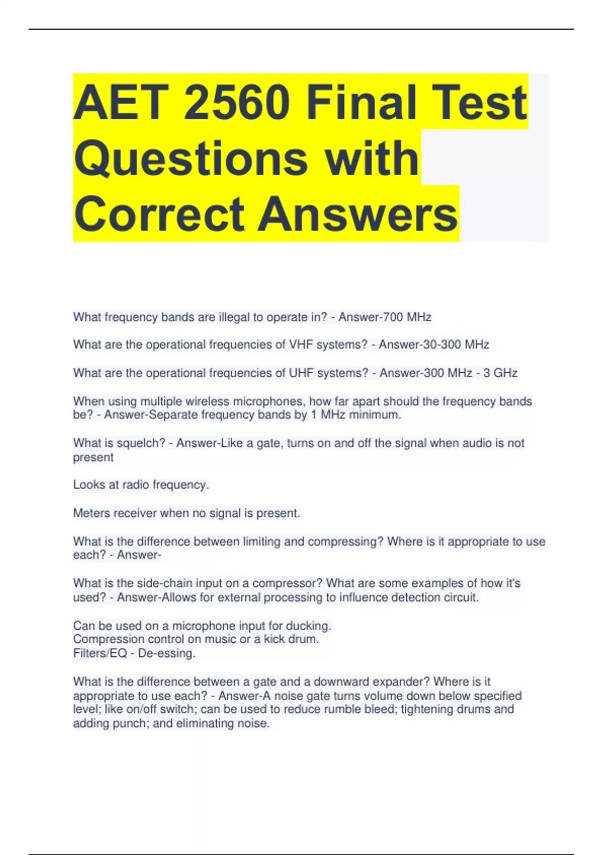 AET 2560 Final Test Questions with Correct Answers - AET 2560 - Stuvia US