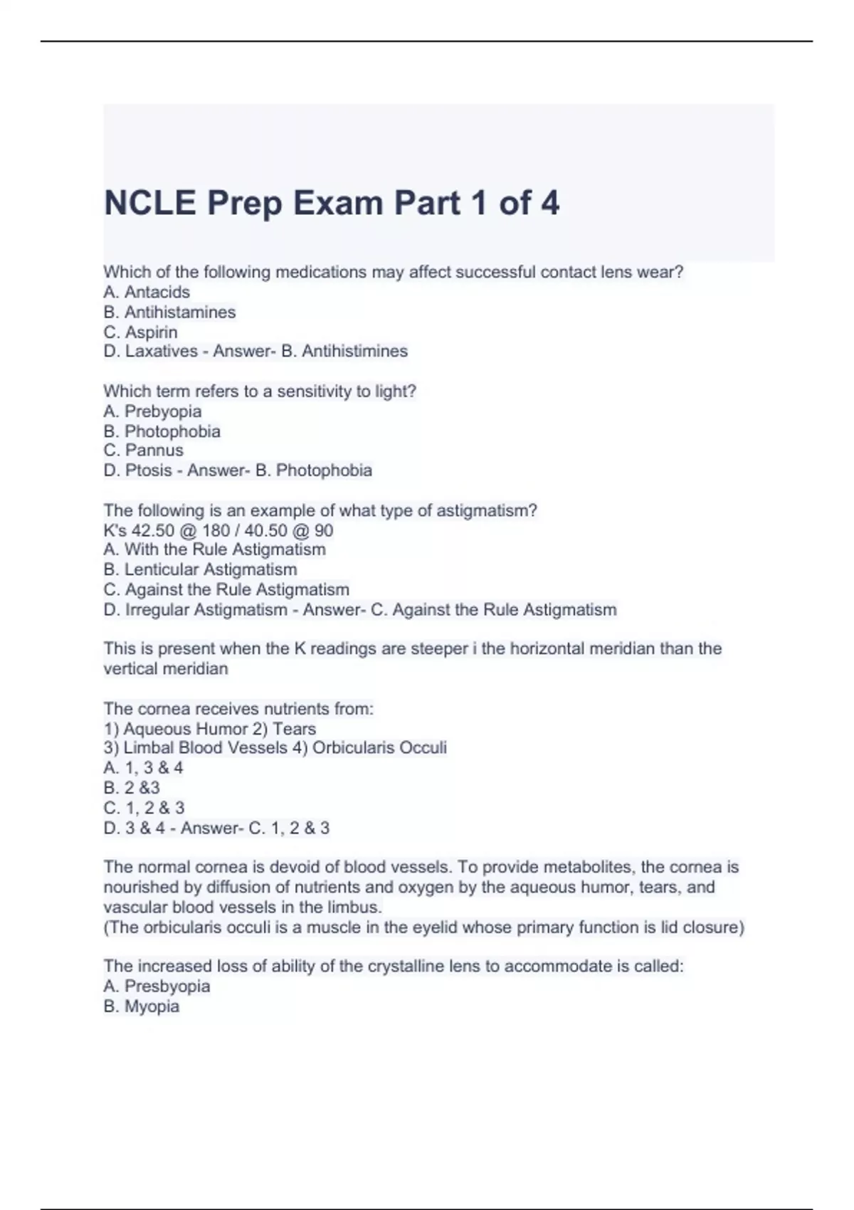 NCLE Prep Exam Part 1 of 1 Questions and Answers - ABO NCLE - Stuvia US