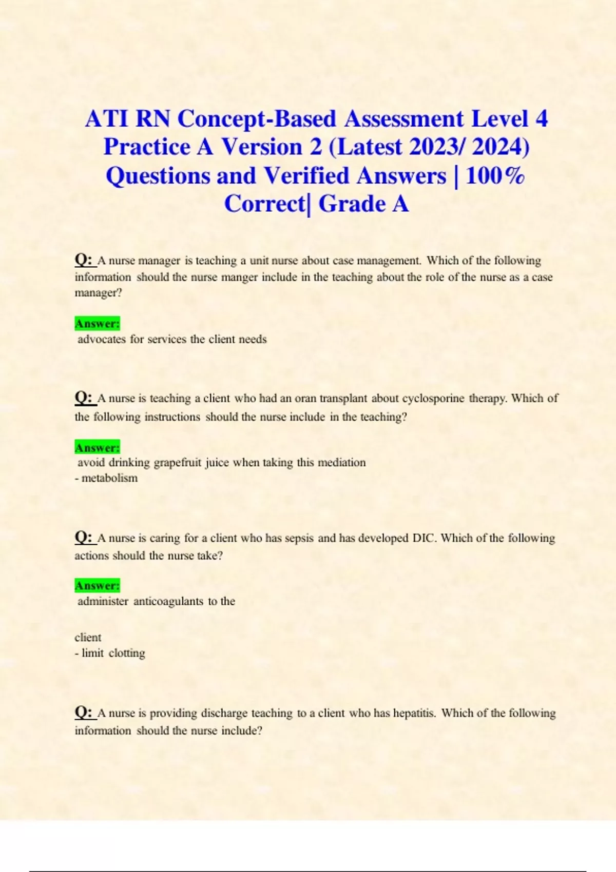 ATI RN Concept-Based Assessment Level 4 Practice A Version 2 (Latest ...