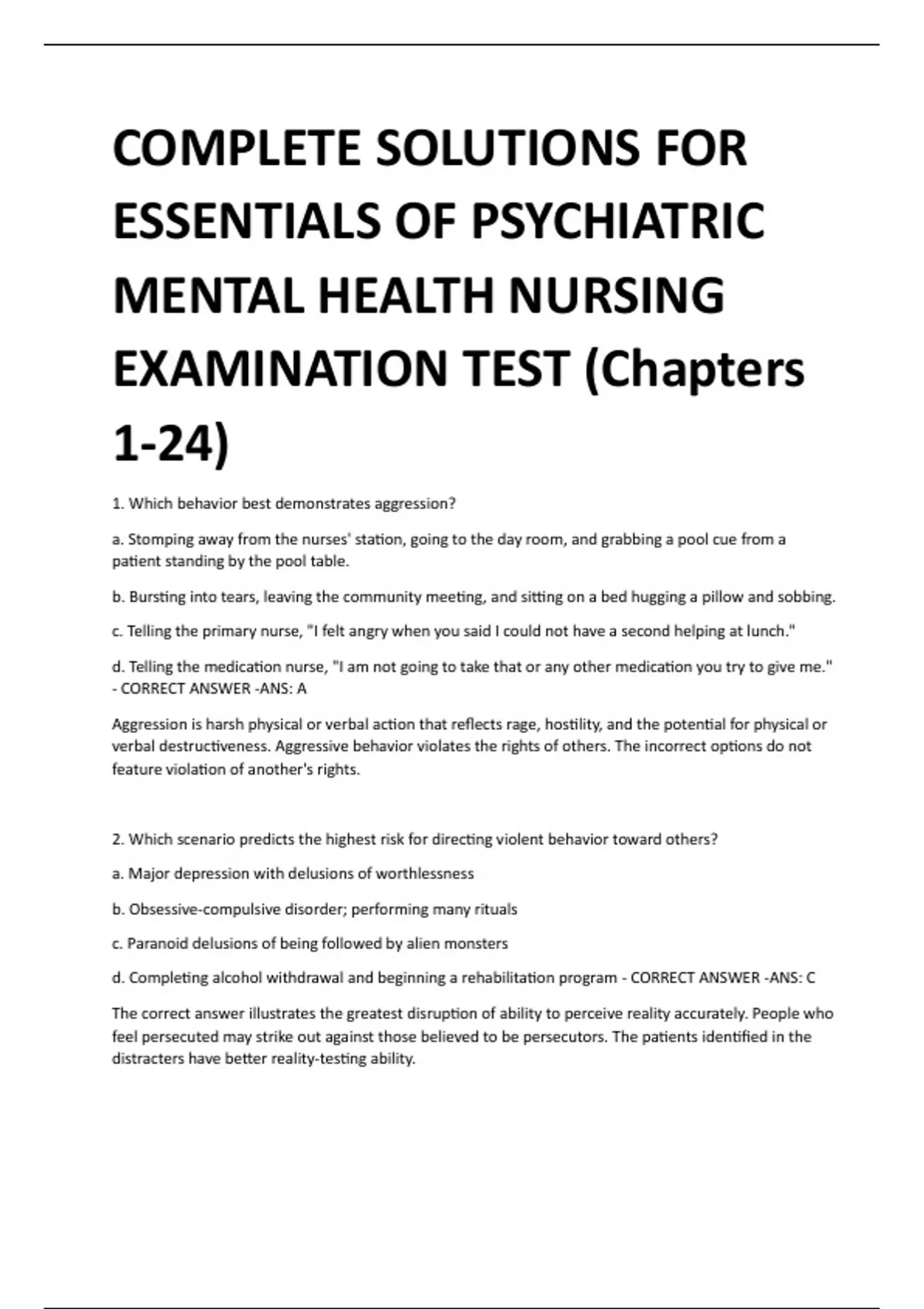 COMPLETE SOLUTIONS FOR ESSENTIALS OF PSYCHIATRIC MENTAL HEALTH NURSING ...