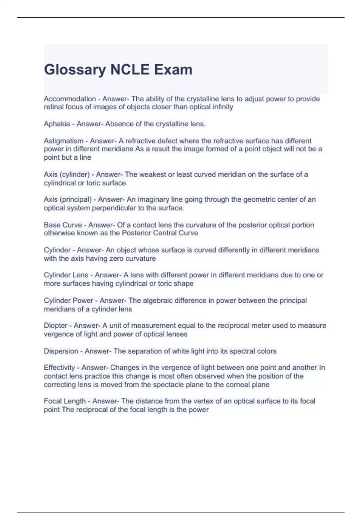 Glossary NCLE Exam Questions with correct Answers - ABO NCLE - Stuvia US