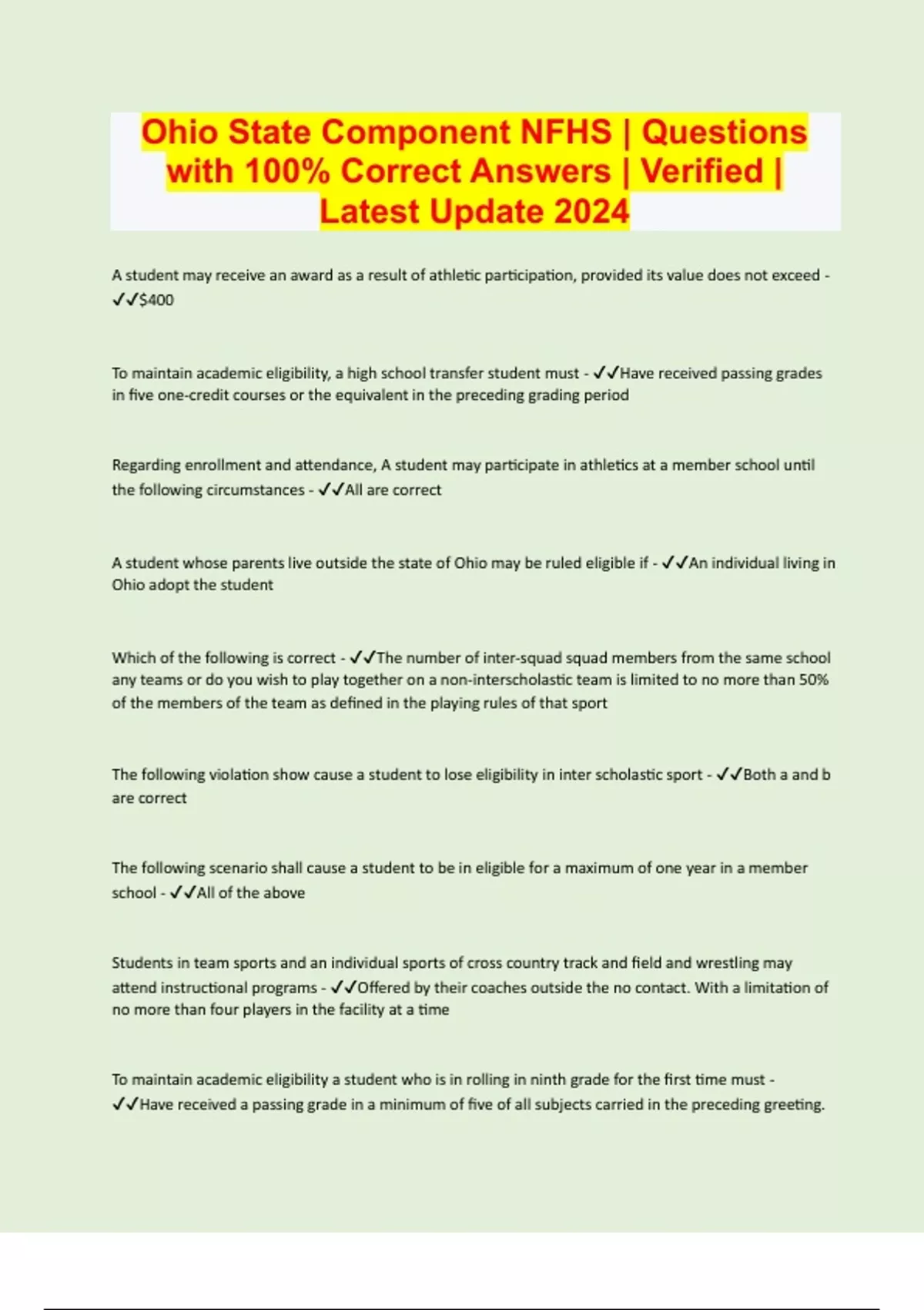 Ohio State Component NFHS | Questions with 100% Correct Answers ...