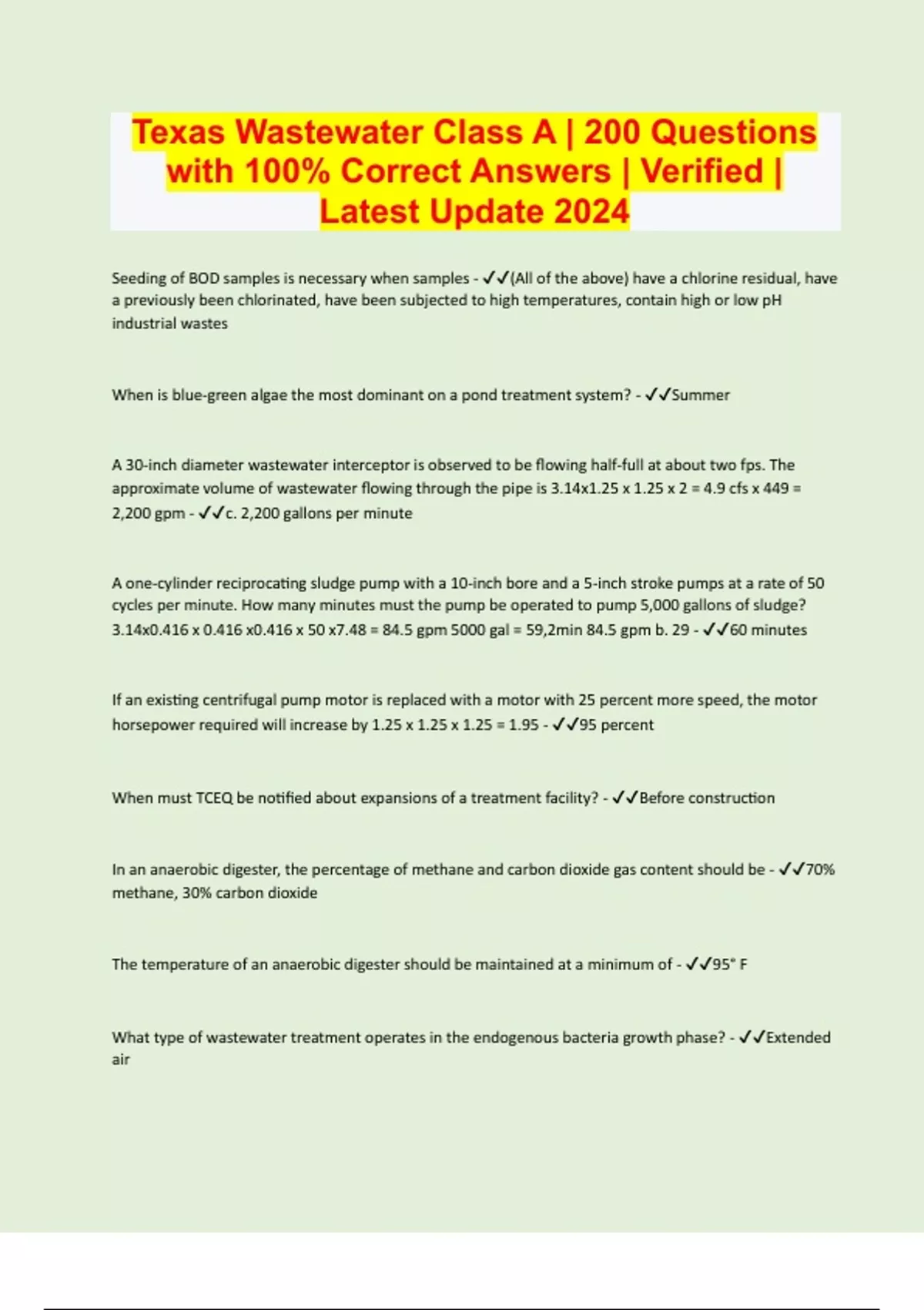 Texas Wastewater Class A | 200 Questions with 100% Correct Answers ...