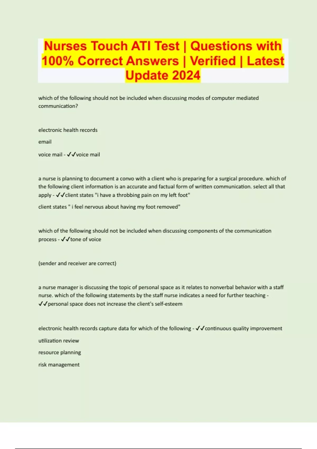 Nurses Touch ATI Test | Questions with 100% Correct Answers | Verified ...