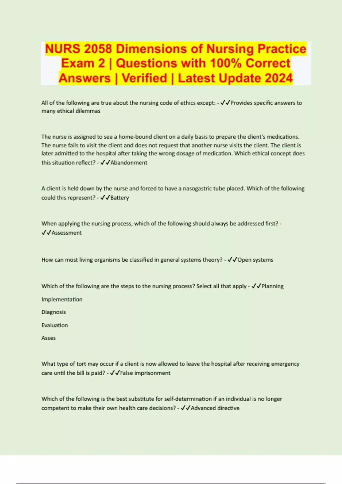NURS 2058 Dimensions of Nursing Practice Exam 2 | Questions with 100% ...