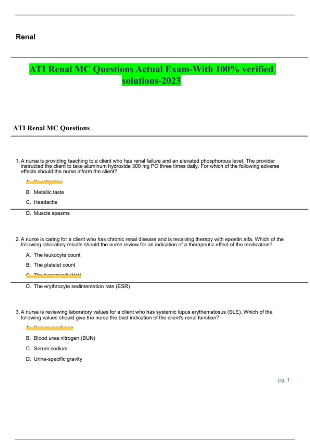 ATI Renal MC Questions Actual Exam-With 100% verified solutions-2023 ...