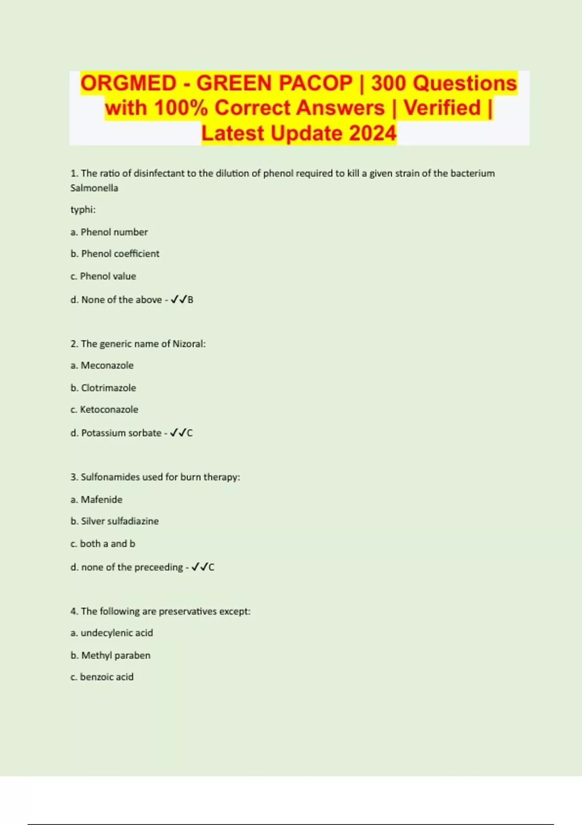 ORGMED - GREEN PACOP | 300 Questions with 100% Correct Answers ...