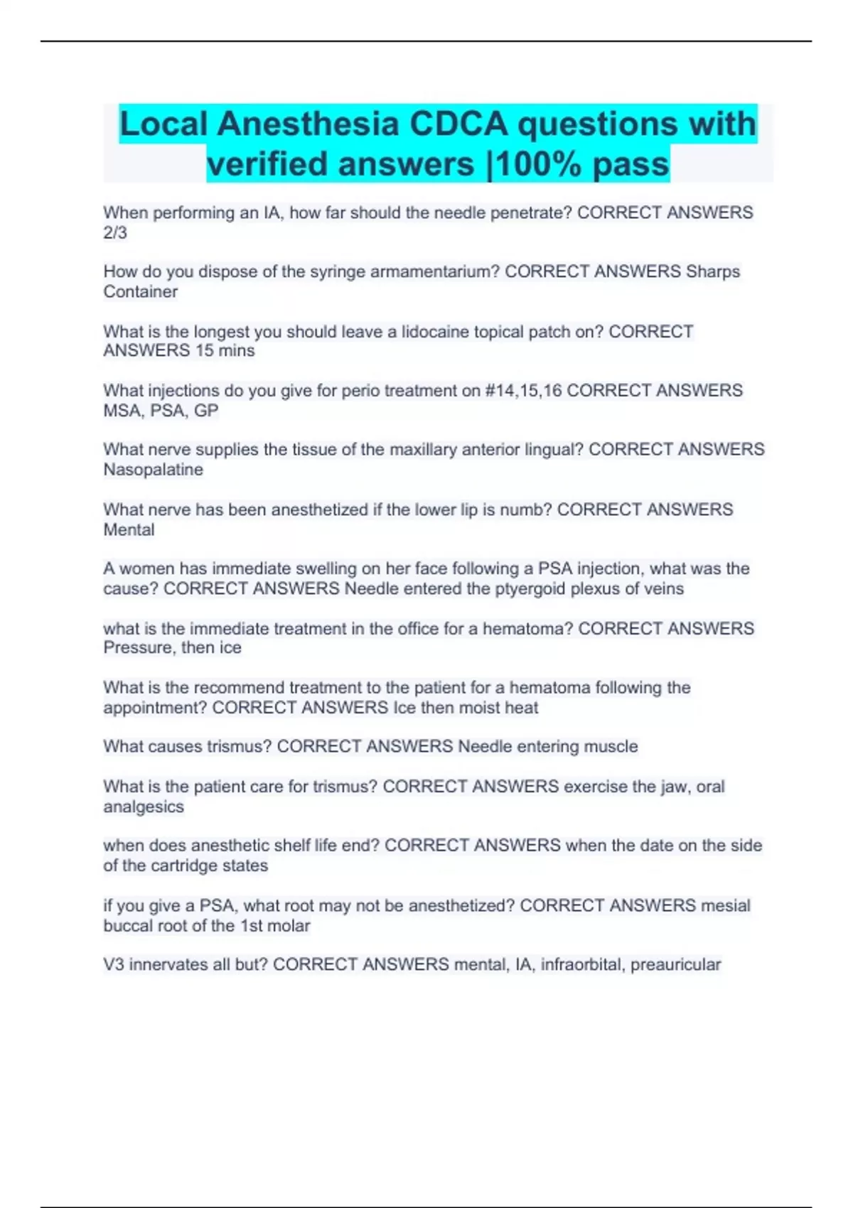 Local Anesthesia CDCA questions with verified answers |100% pass - Cdca ...