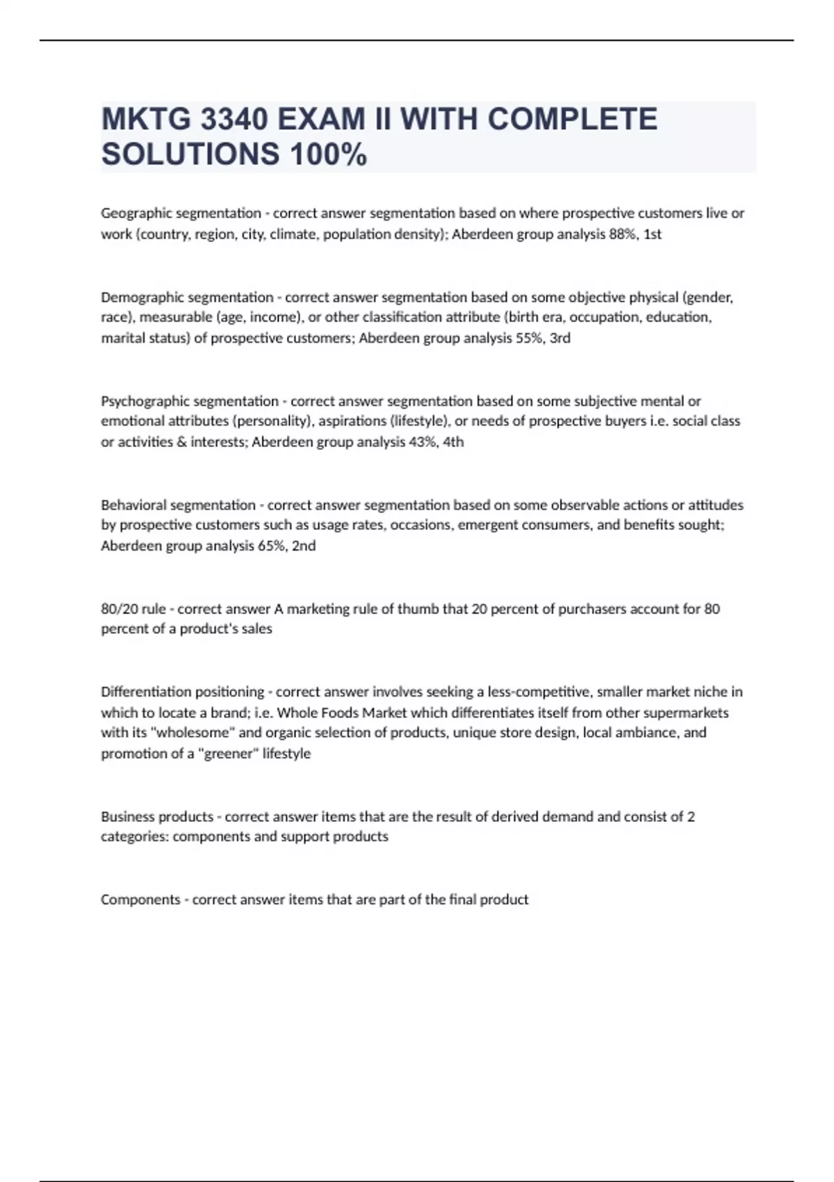 MKTG 3340 EXAM II WITH COMPLETE SOLUTIONS 100% - MKTG 3340 - Stuvia US
