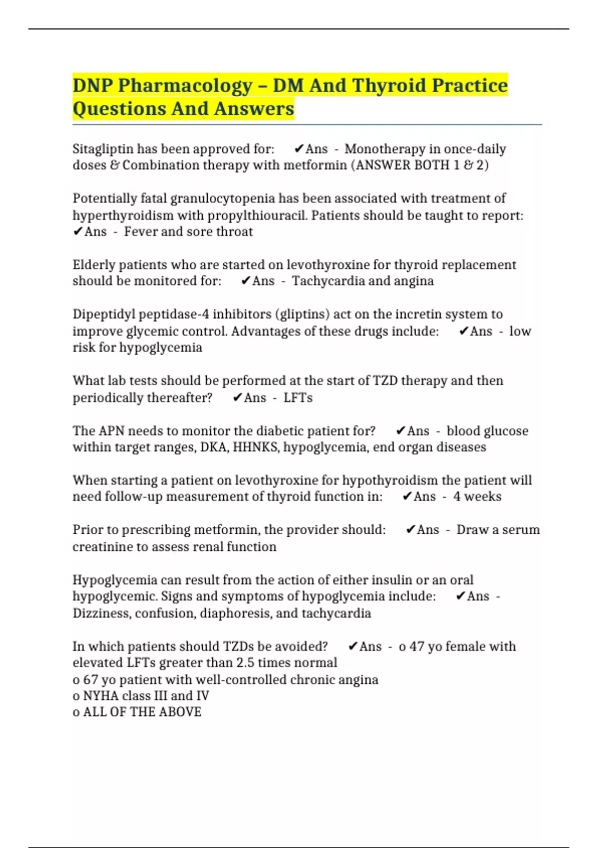 DNP Pharmacology – DM And Thyroid Practice Questions And Answers - DNP - Stuvia US