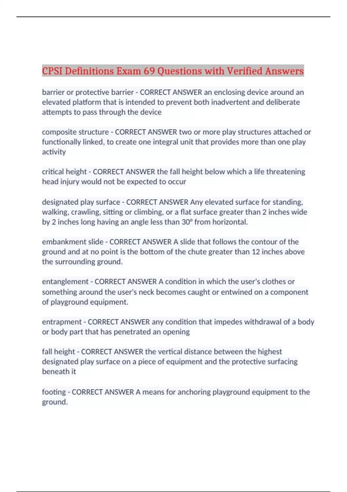 CPSI Definitions Exam 69 Questions with Verified Answers,100% CORRECT ...