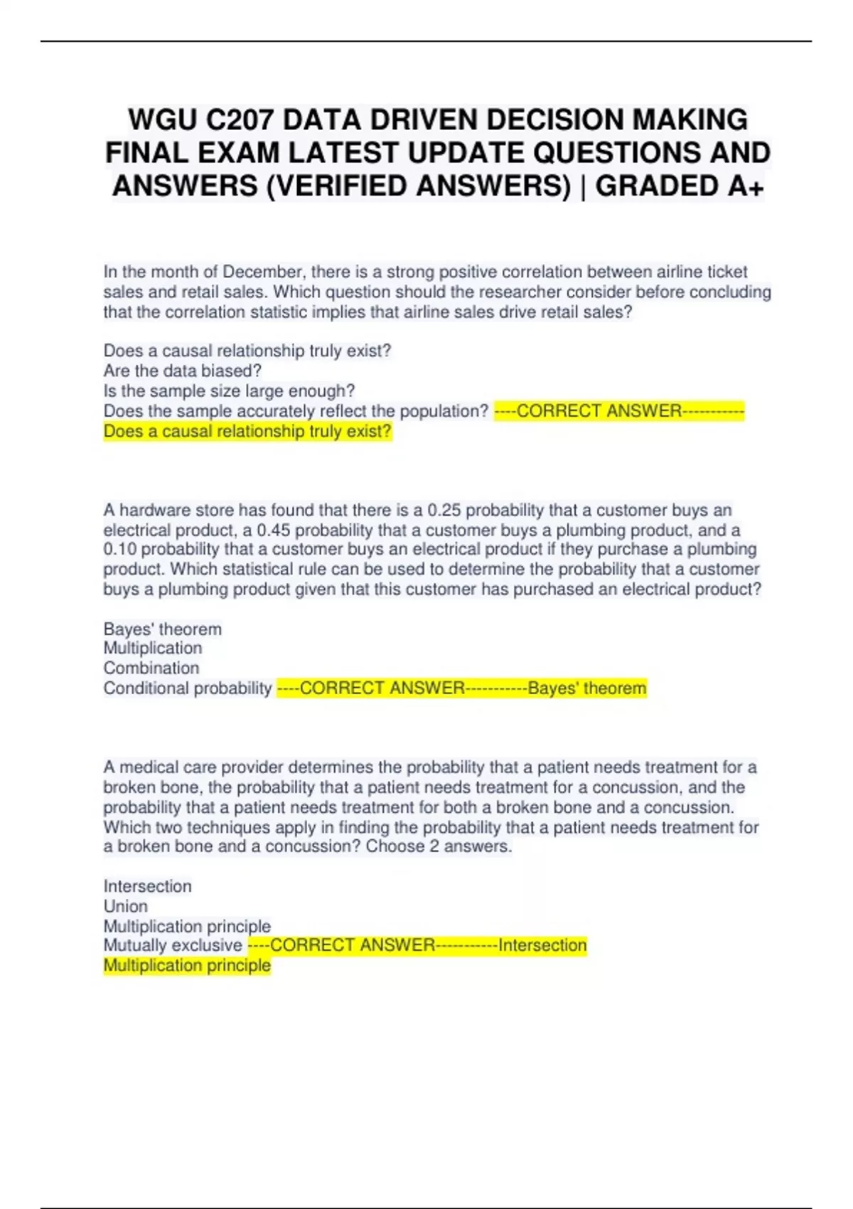 WGU C207 DATA DRIVEN DECISION MAKING FINAL EXAM LATEST UPDATE QUESTIONS ...
