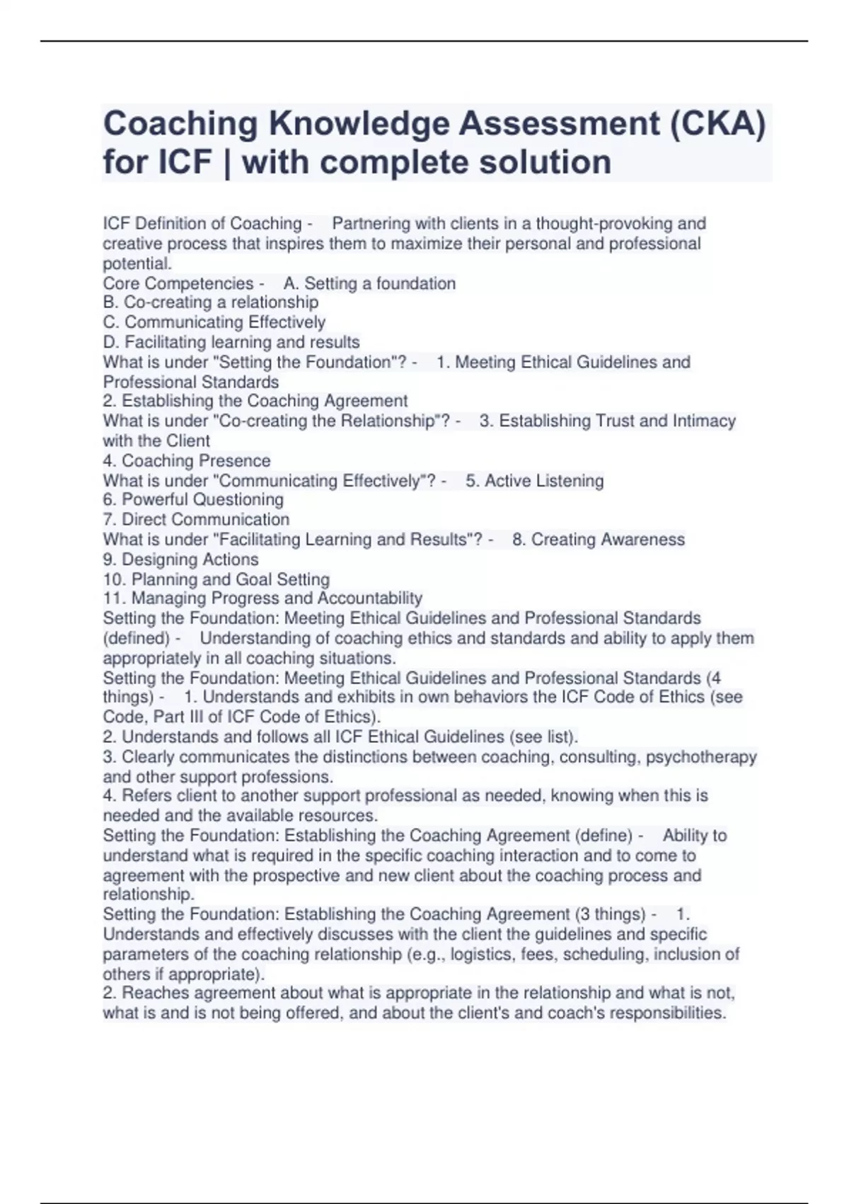 Coaching Knowledge Assessment (CKA) for ICF | with complete solution ...