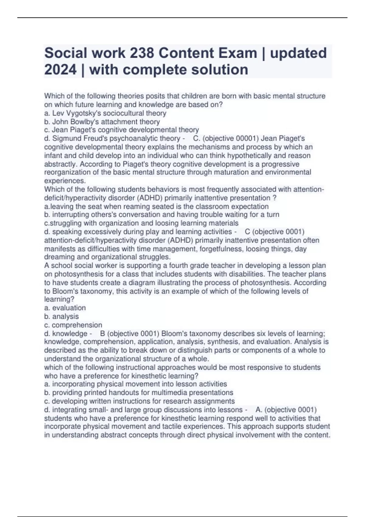 Social work 238 Content Exam | updated 2024 | with complete solution ...