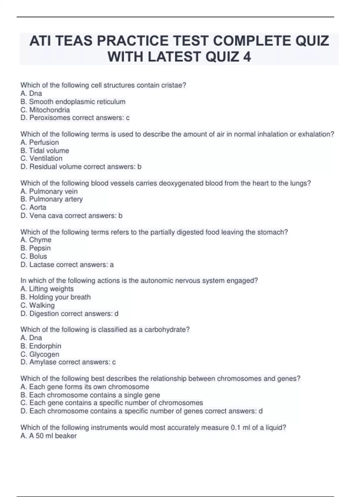 ATI TEAS PRACTICE TEST # 1 : "SCIENCE" LATEST SOLUTIONS - Stuvia US