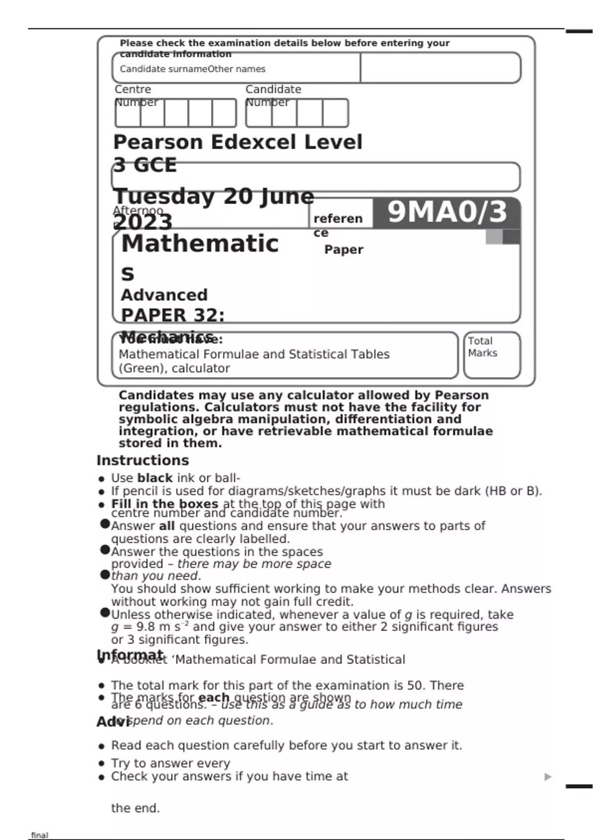 Edexcel Mathematics 9MA0/32 Mark Scheme and Question Paper June2023 ...